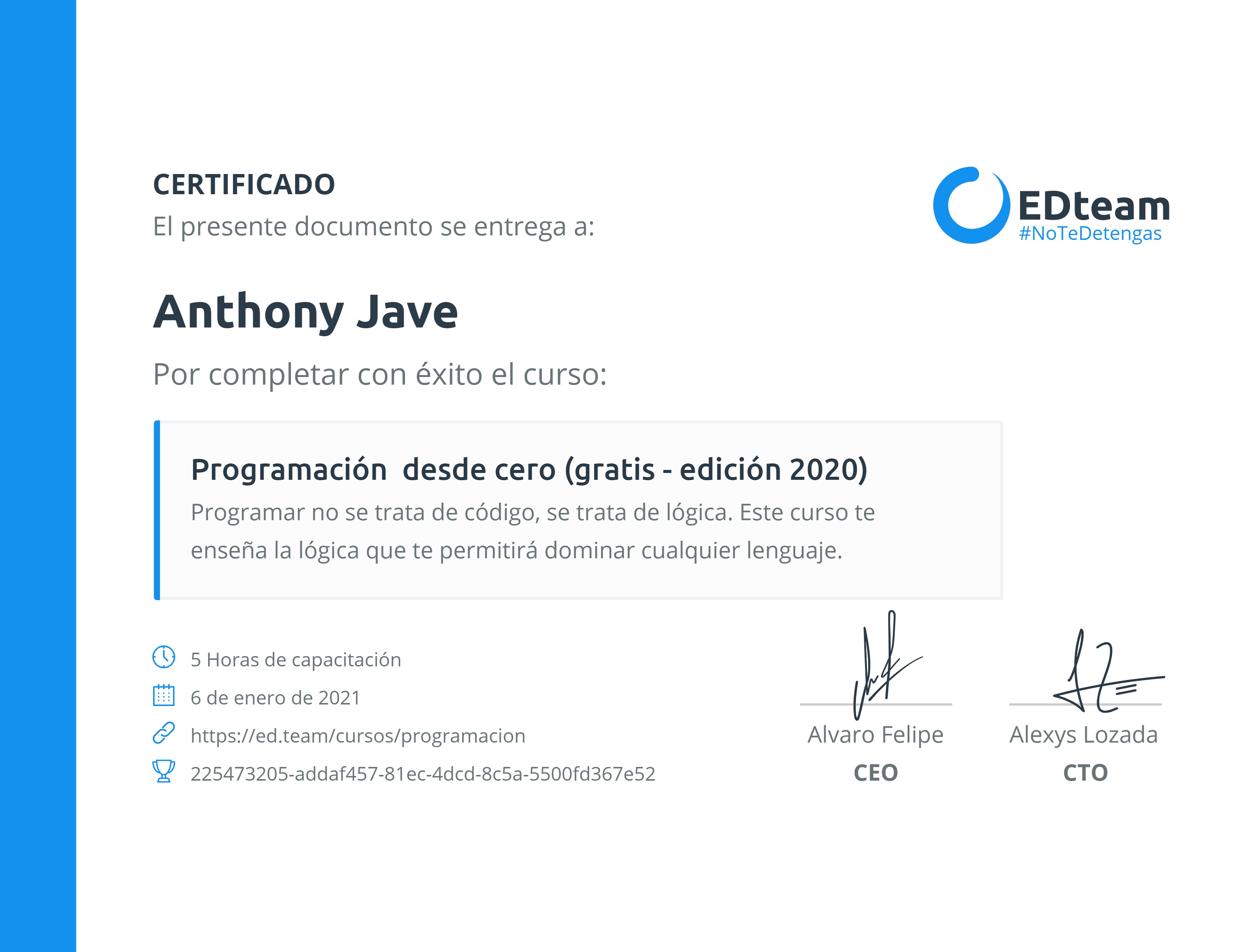 Certificado de Anthony Jave del curso Programación desde cero (2019) | EDteam