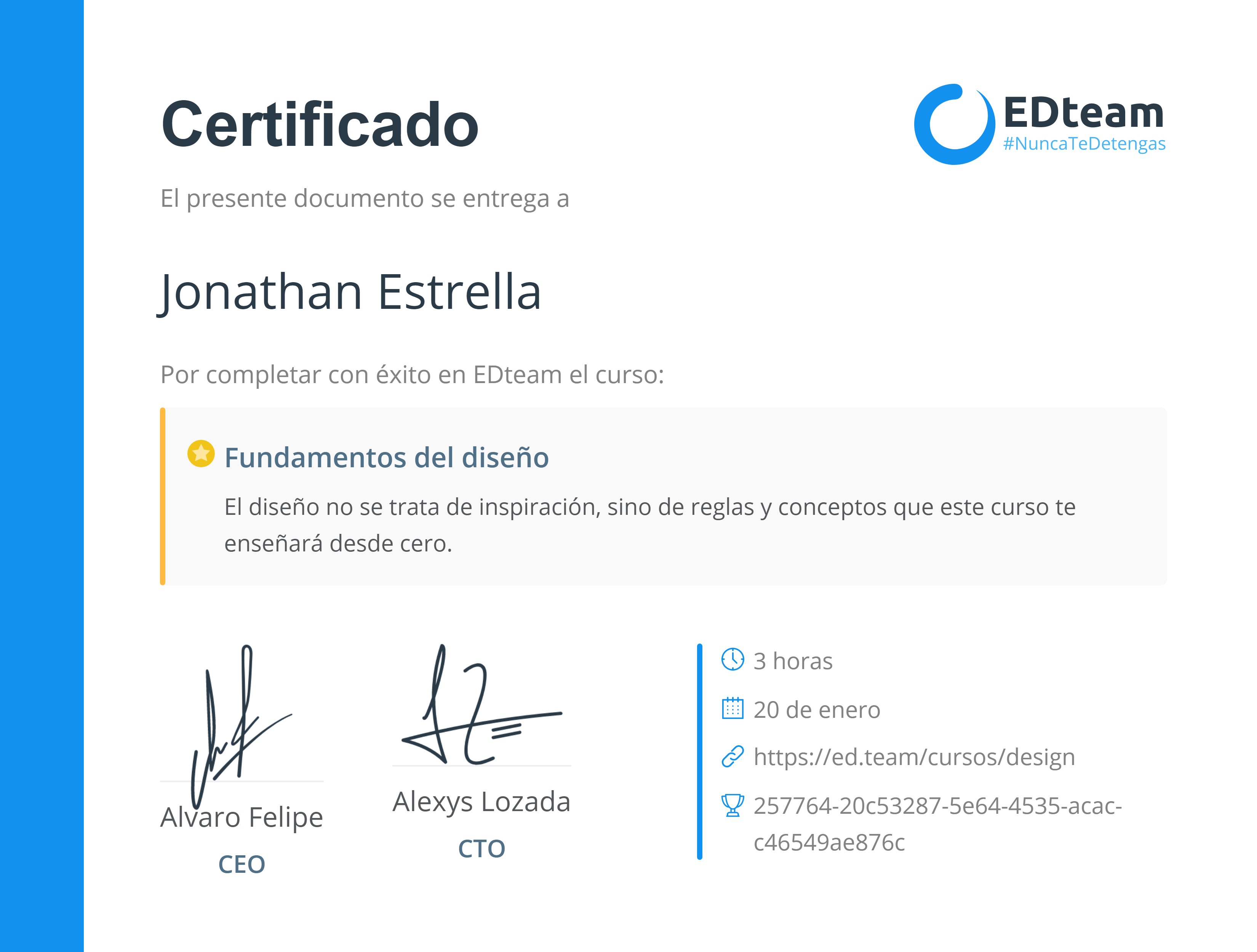 Certificado de Jonathan Estrella del curso Fundamentos del diseño | EDteam