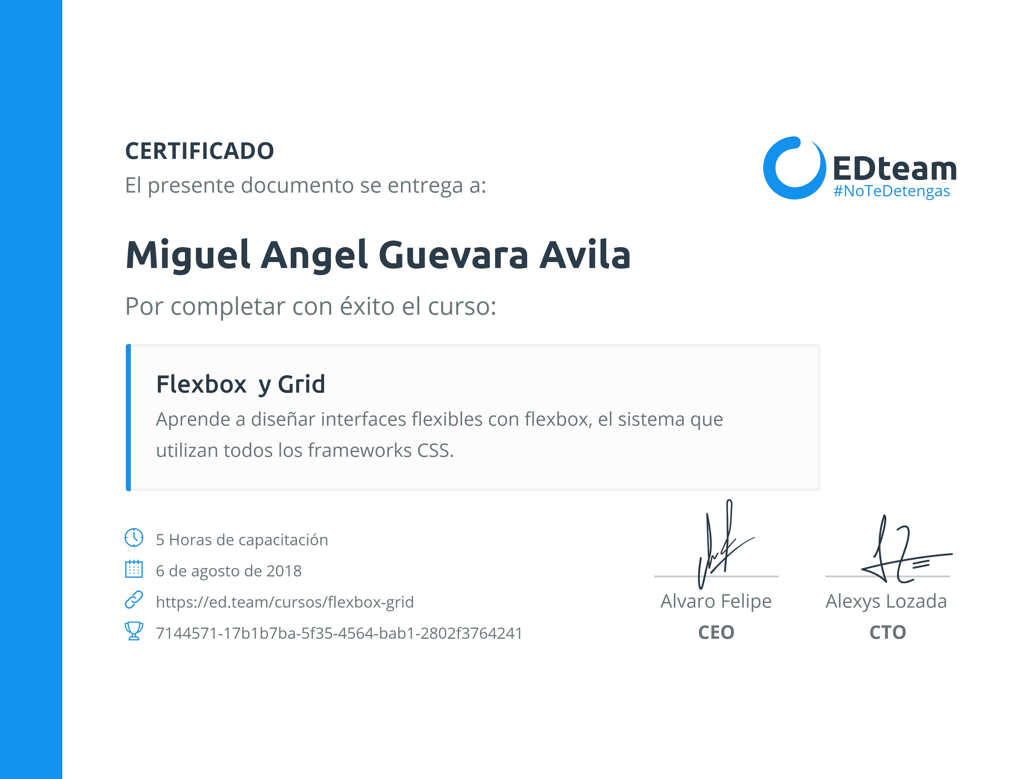 Certificado de Miguel Angel Guevara Avila del curso Flexbox y Grid | EDteam