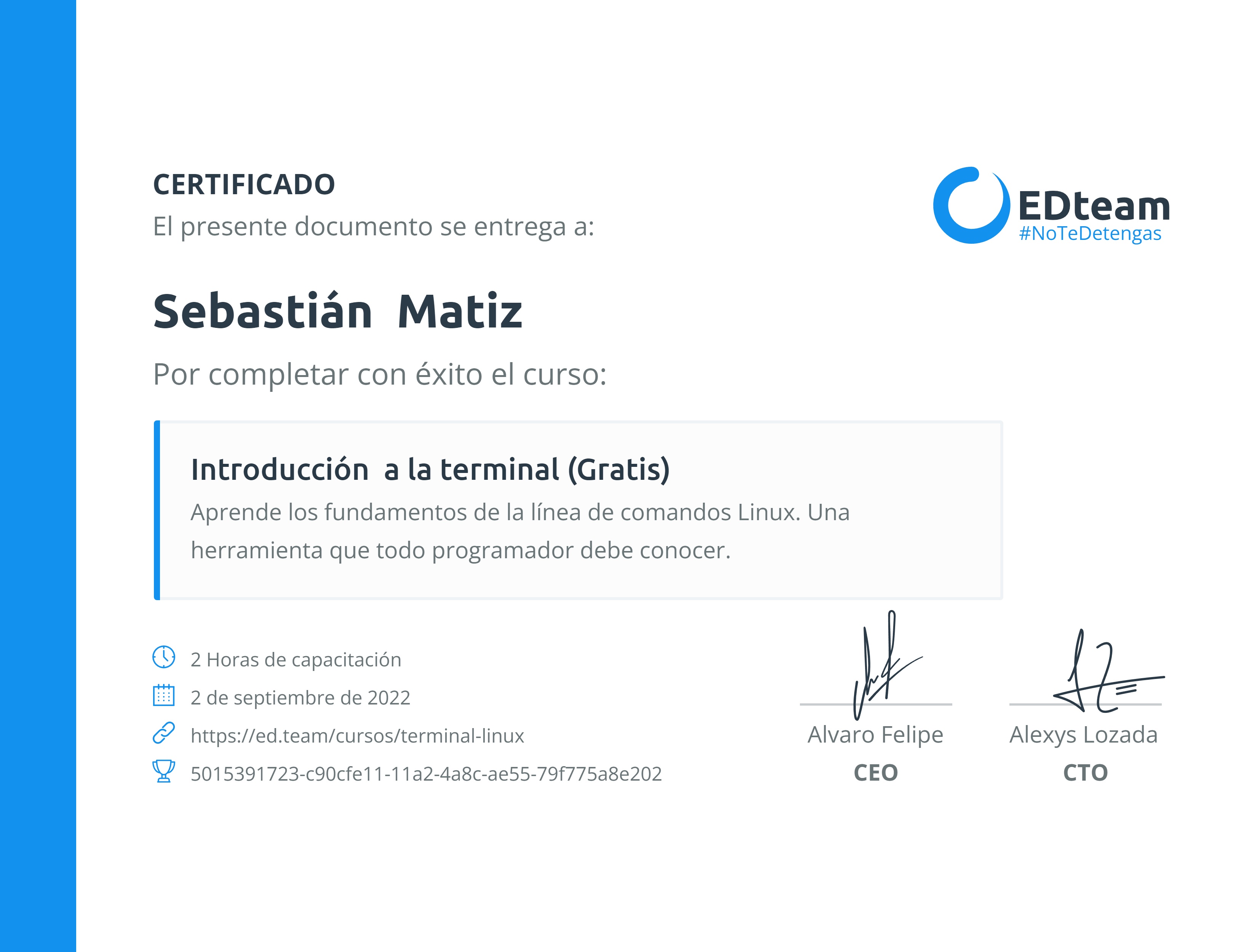 Certificado de Sebastián Matiz del curso Introducción a la terminal ...