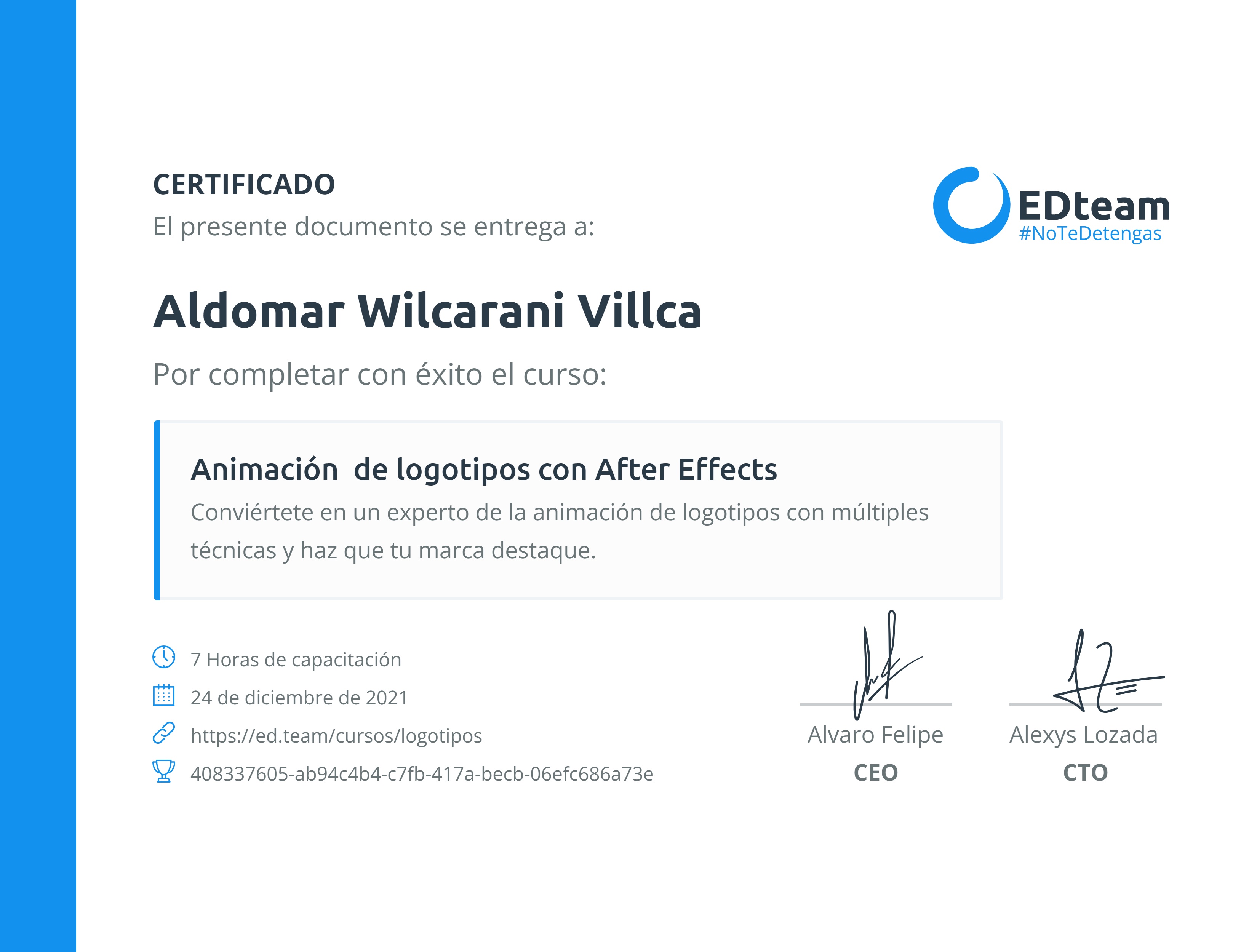 Certificado de Aldomar Wilcarani Villca del curso Animación de ...