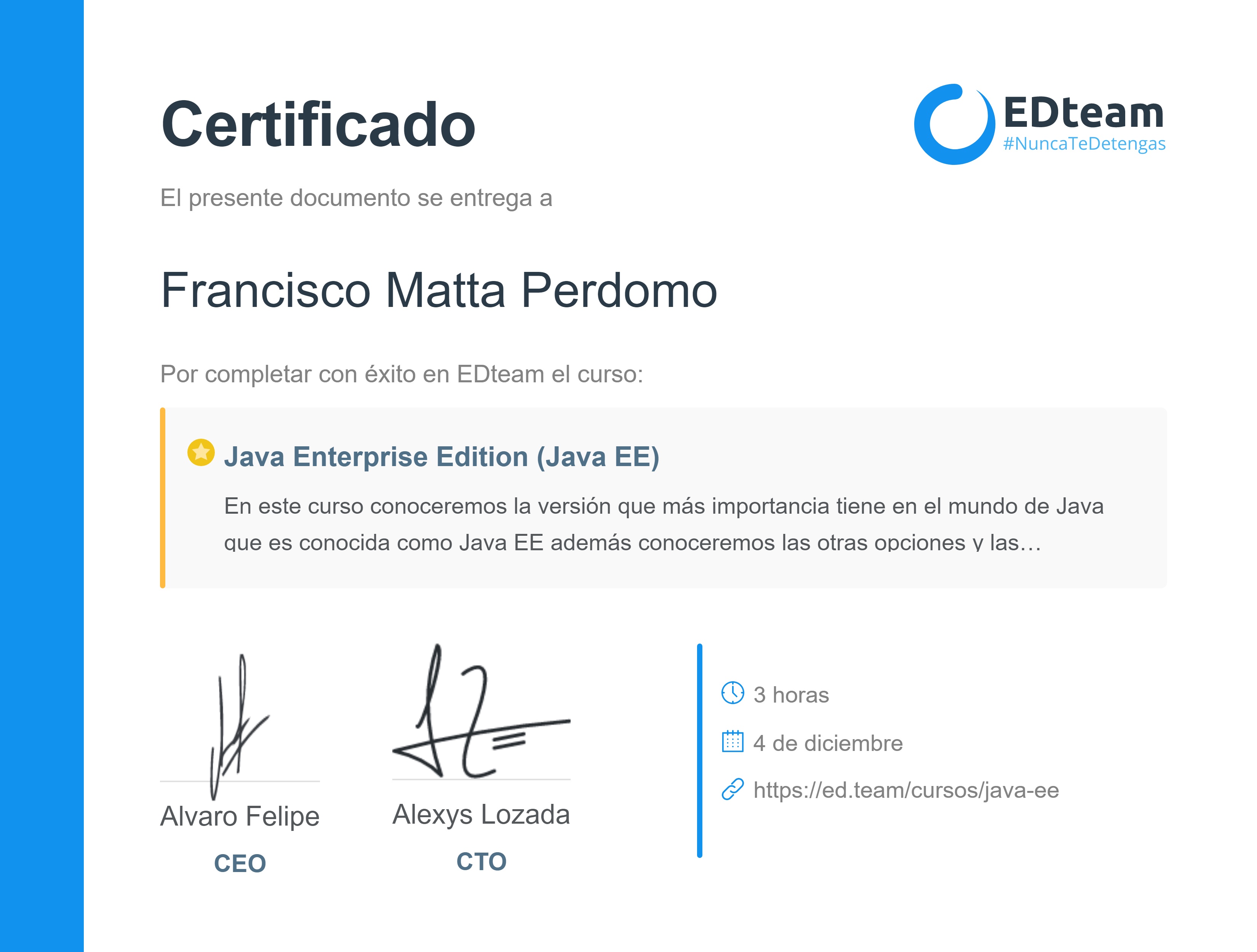 Certificado de Francisco Matta Perdomo del curso Java Enterprise ...