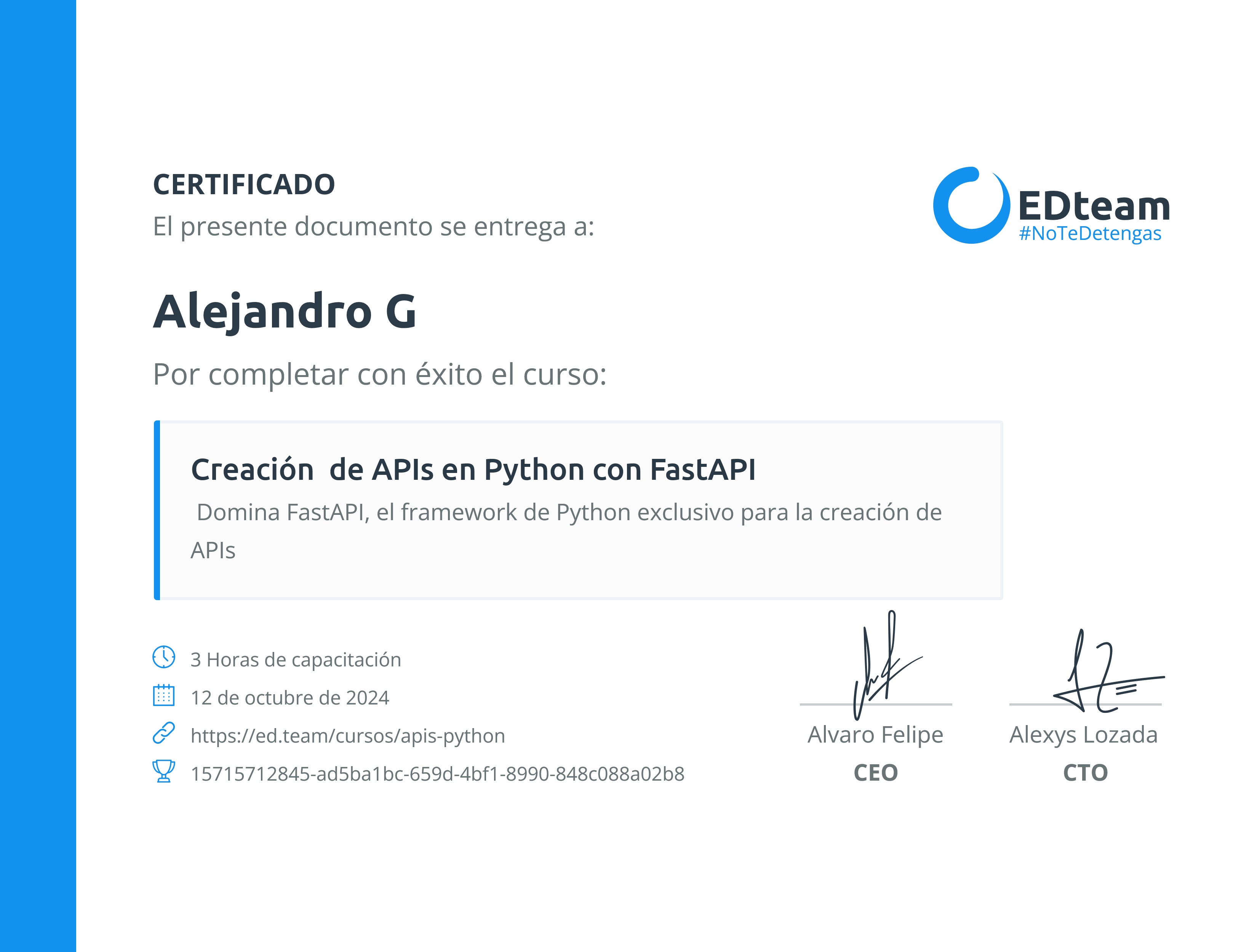 Certificado de Alejandro G del curso Creación de APIs en Python con FastAPI | EDteam