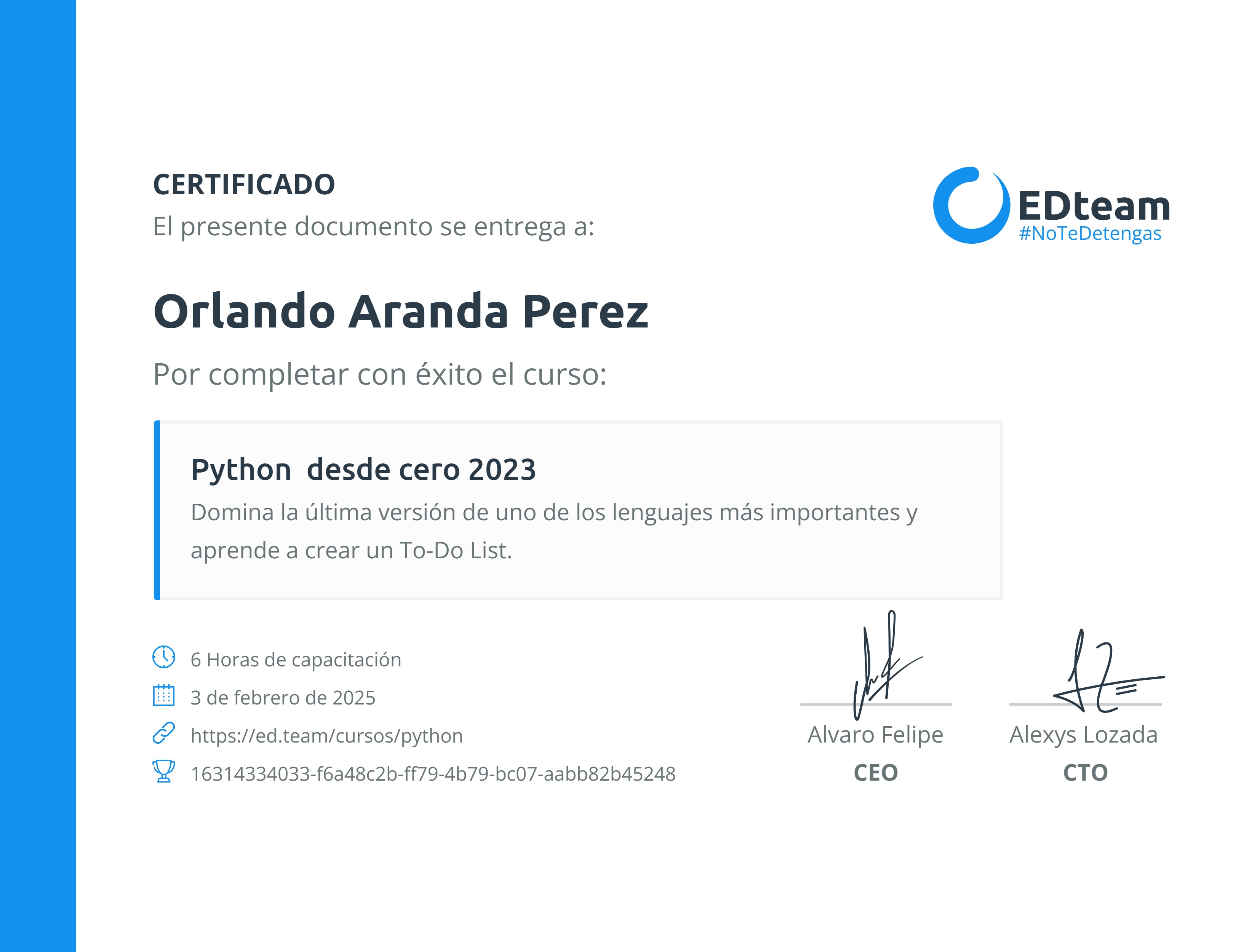 Certificado de EDWIN ORLANDO ARANDA PEREZ del curso Python desde cero ...