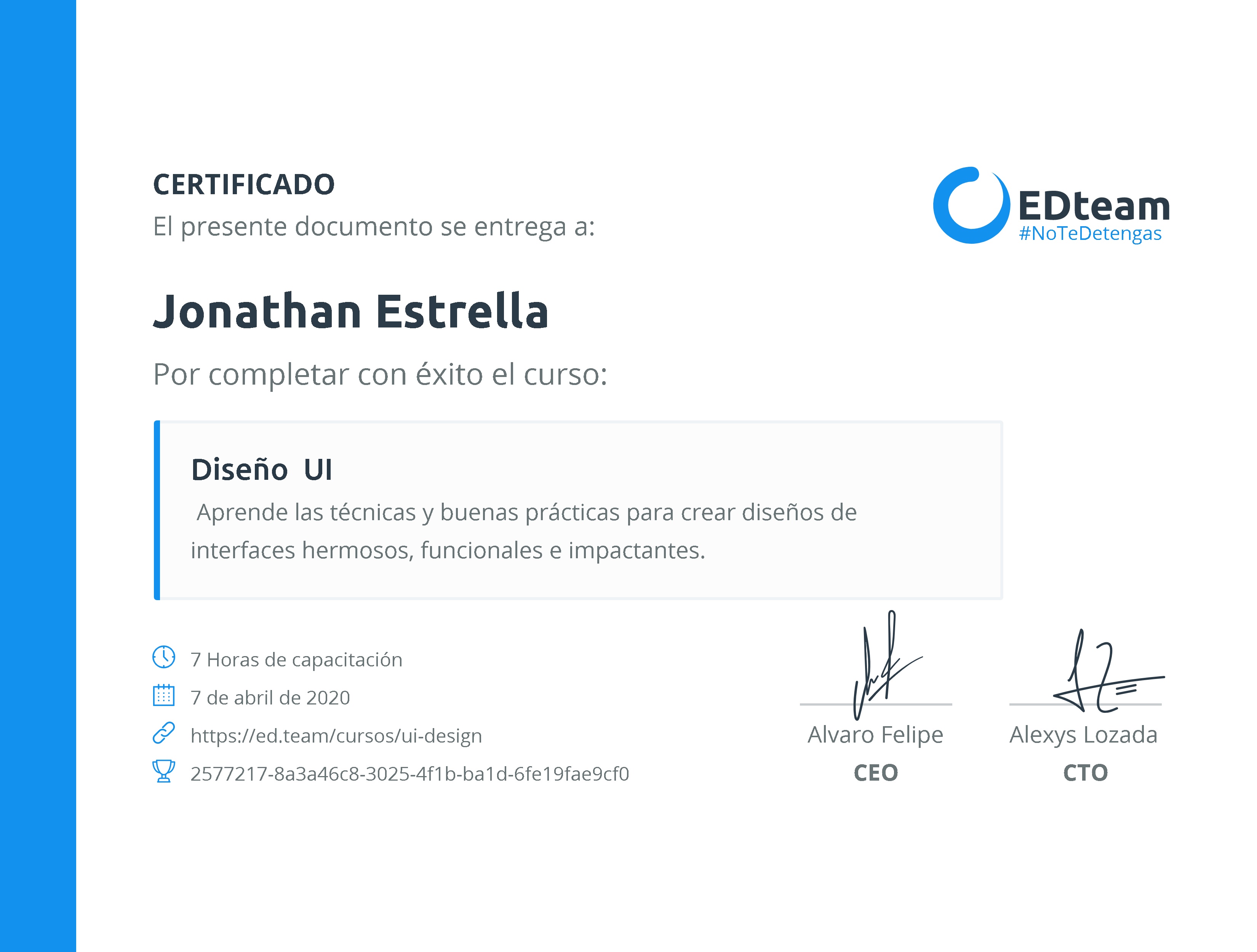 Certificado de Jonathan Estrella del curso Diseño UI | EDteam