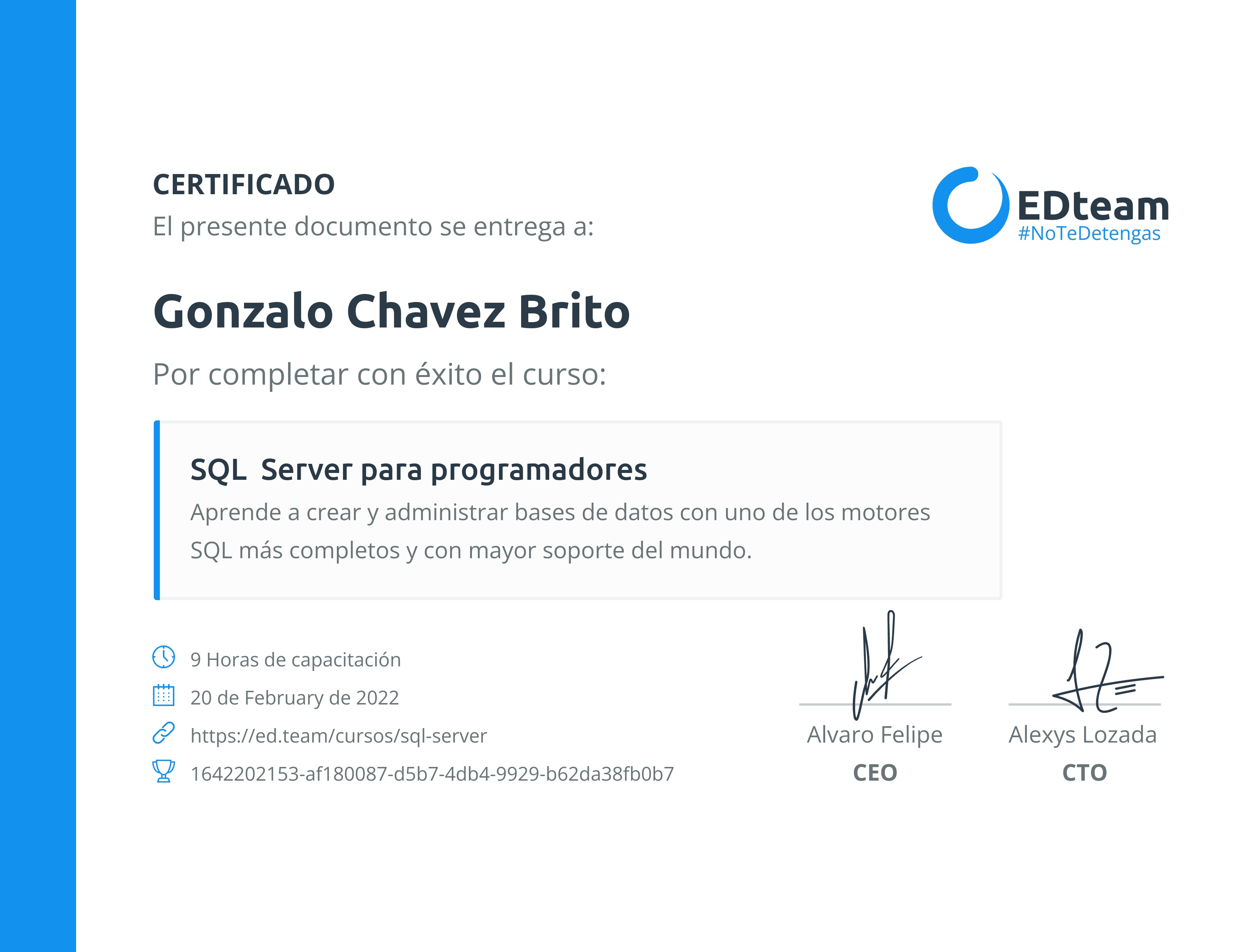 Certificado de Gonzalo Chavez Brito del curso SQL Server para programadores | EDteam