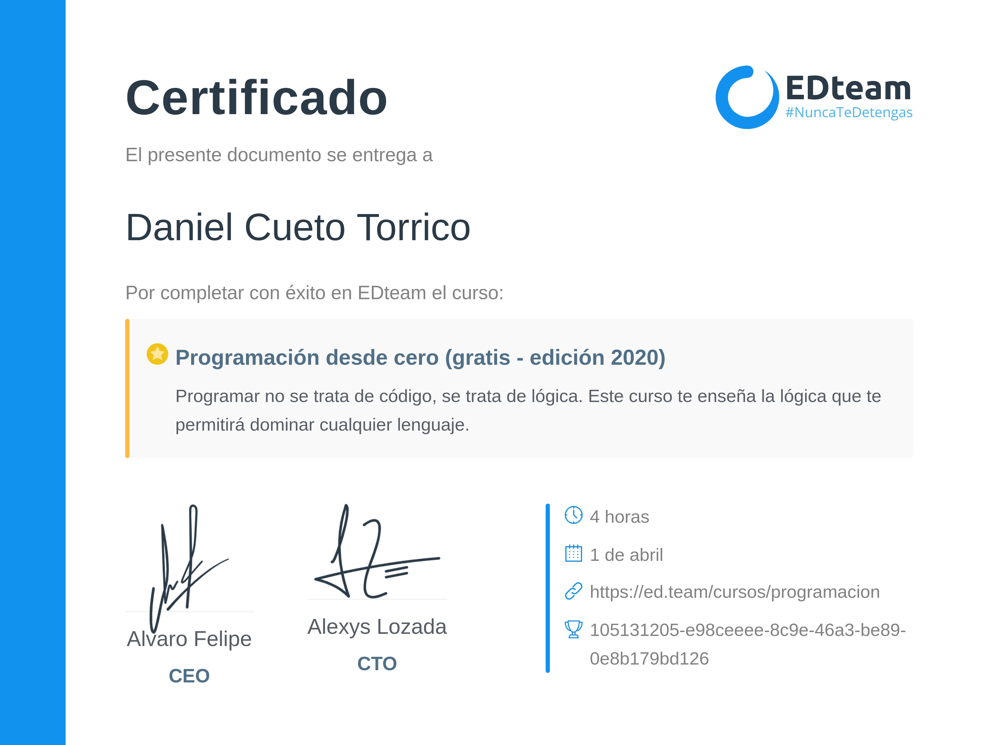 Certificado de Daniel Cueto del curso Programación desde cero (2019) | EDteam