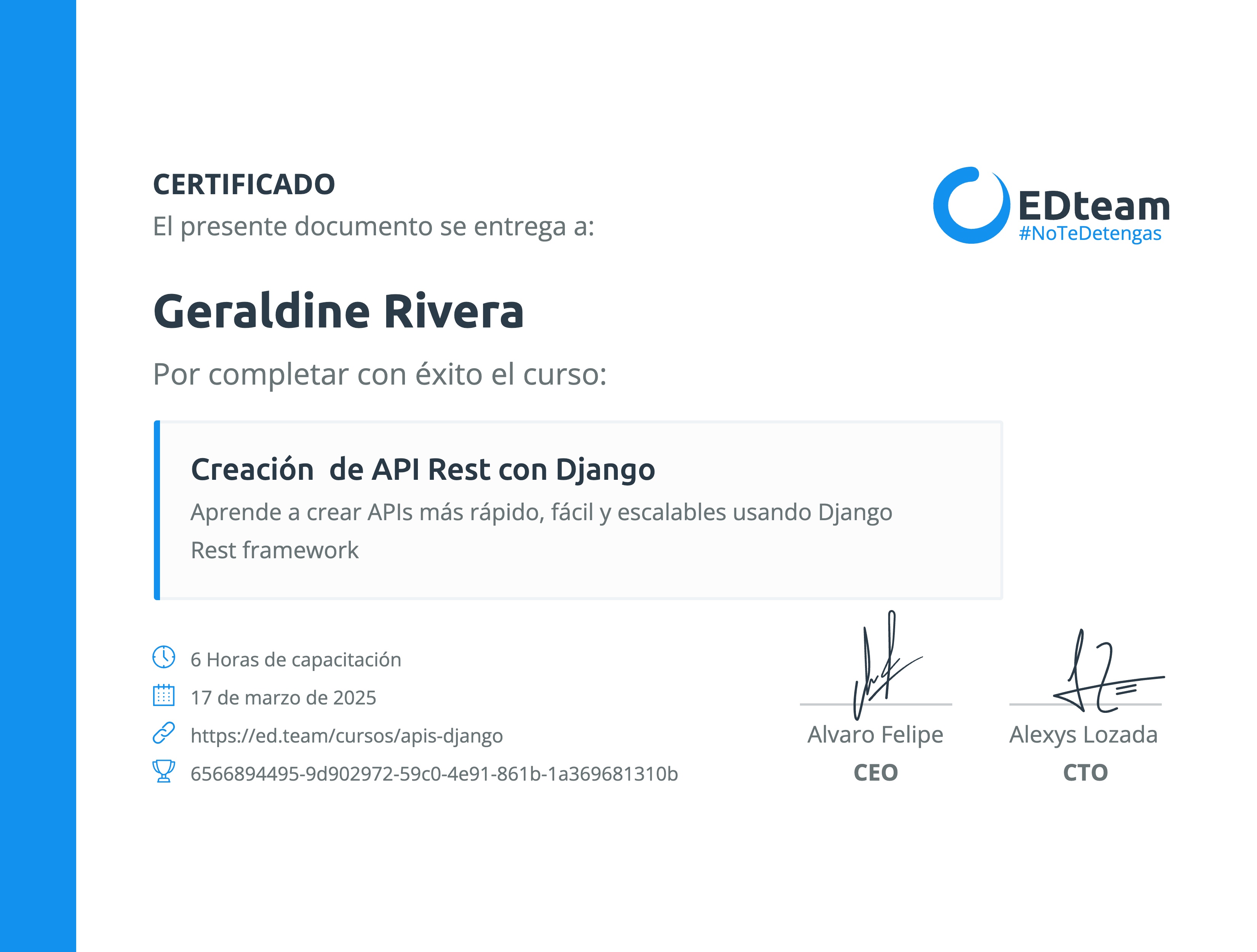 Certificado de Geraldine Rivera del curso Creación de API Rest con ...