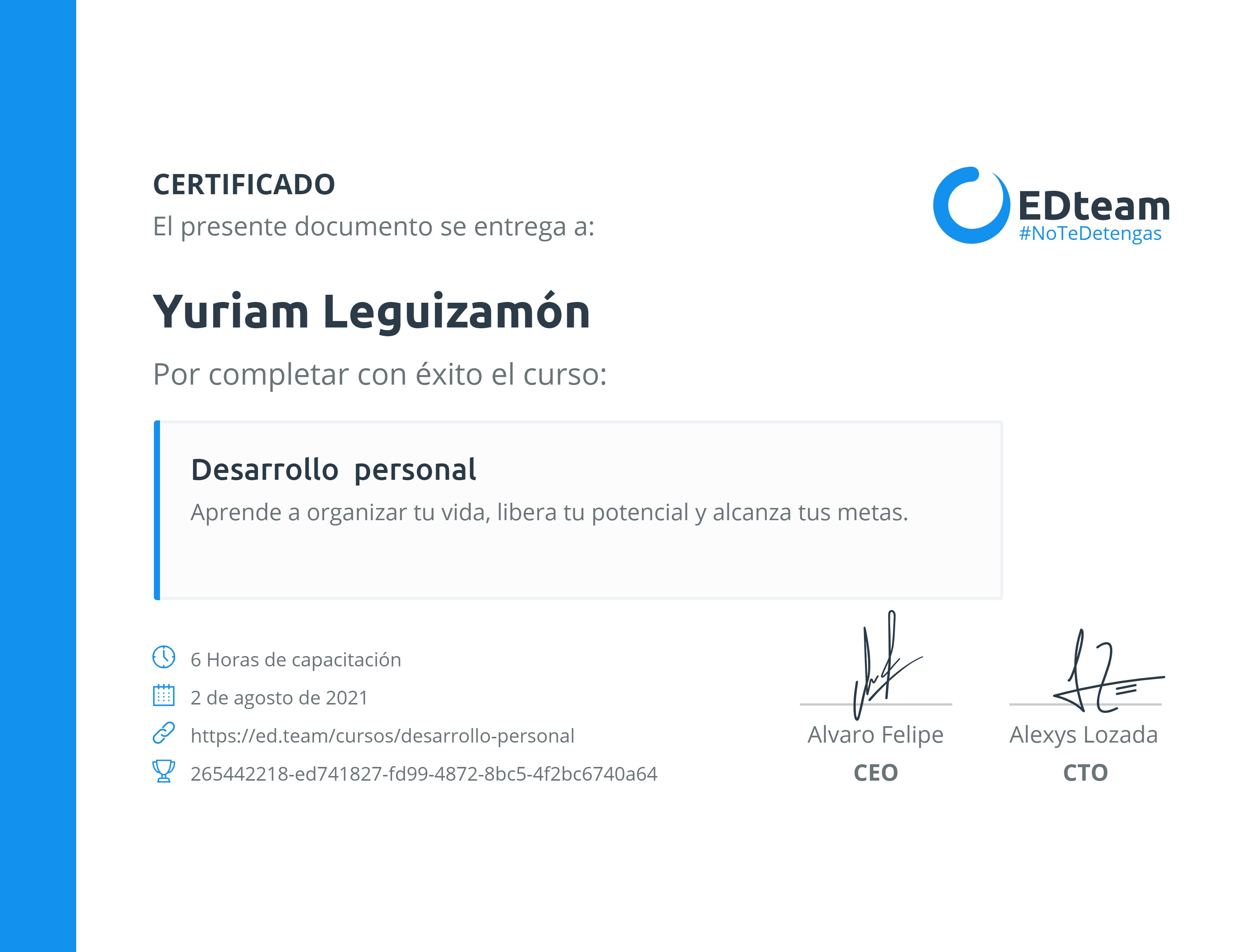 Certificado de Yuriam Leguizamón del curso Desarrollo personal | EDteam