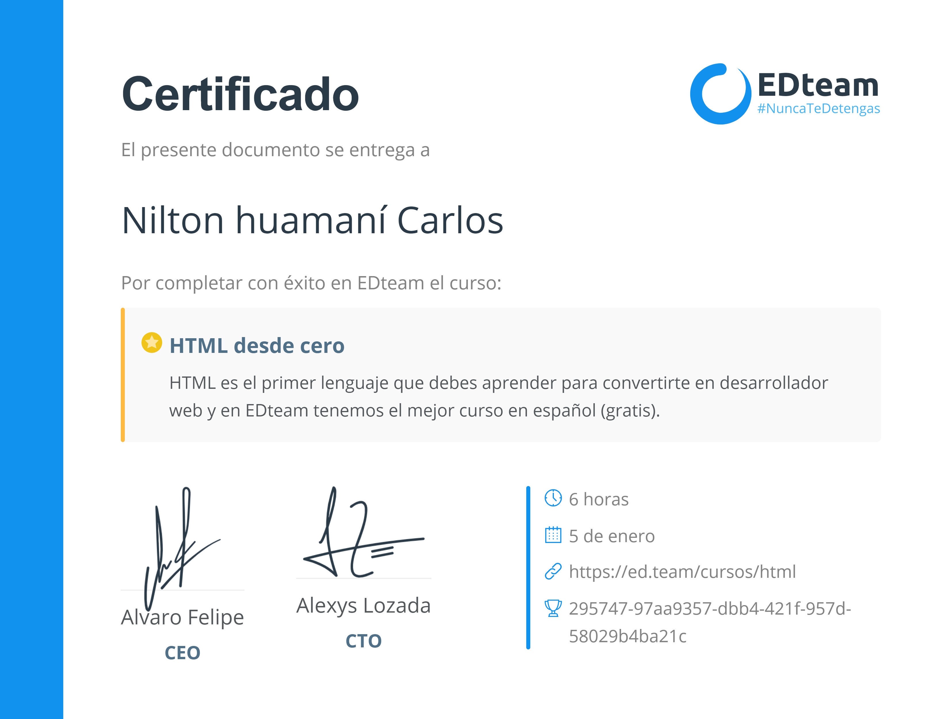 Certificado de Nilton Huamaní Carlos del curso HTML desde cero 2018 ...