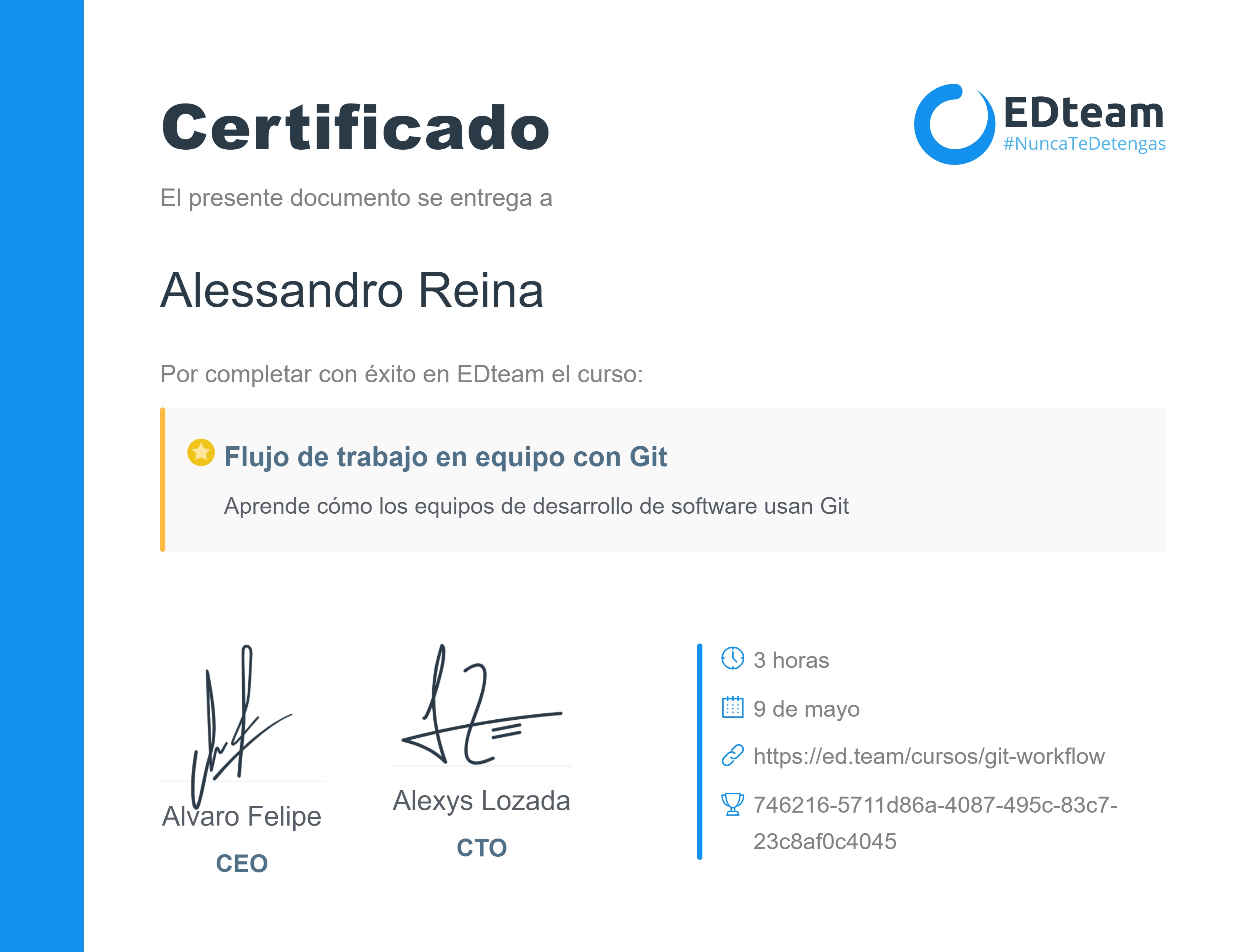 Certificado de Alessandro Reina del curso Diseña tu propio flujo de trabajo en equipo con Git ...