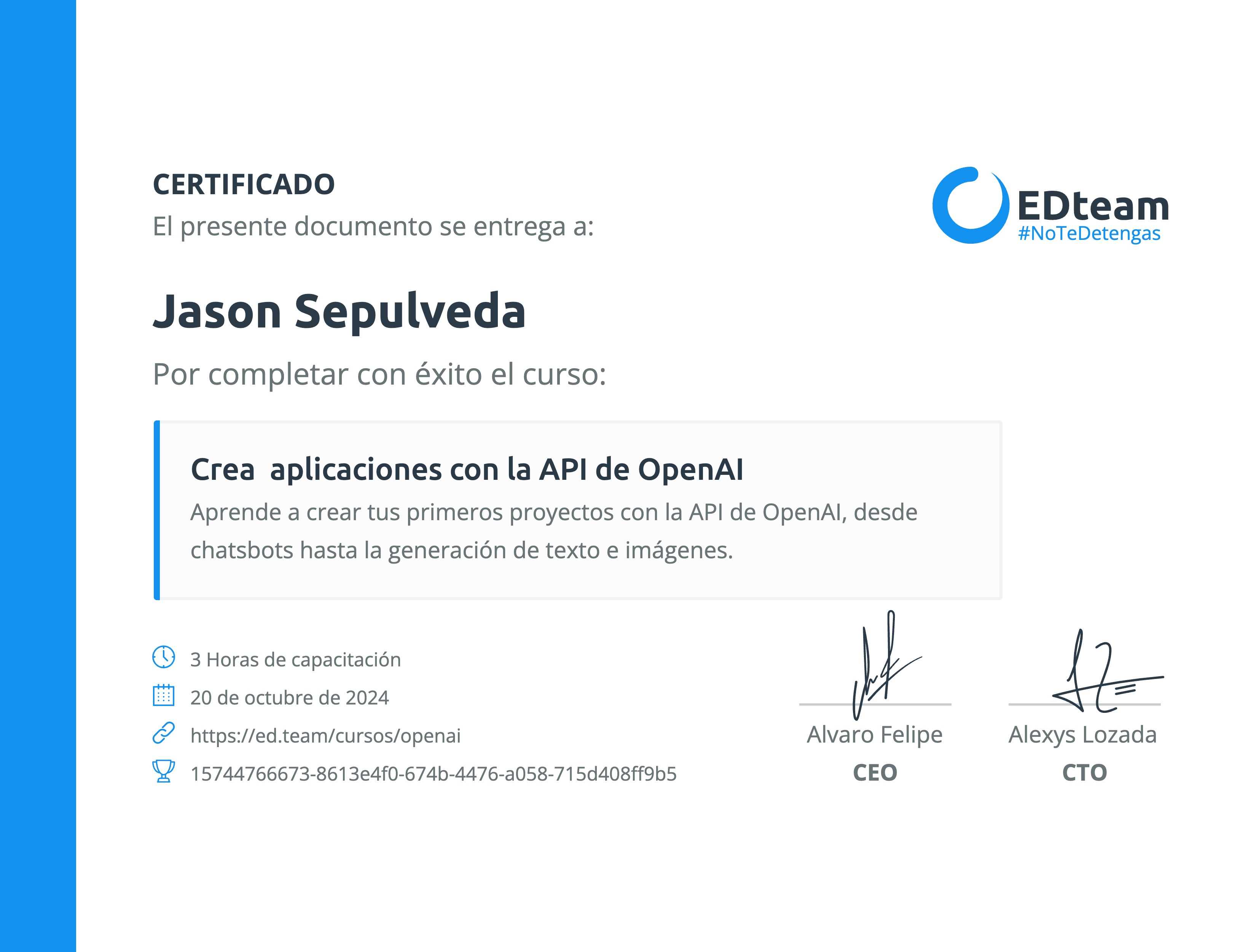 Certificado de Jason Sepulveda del curso Crea aplicaciones con la API de OpenAI | EDteam