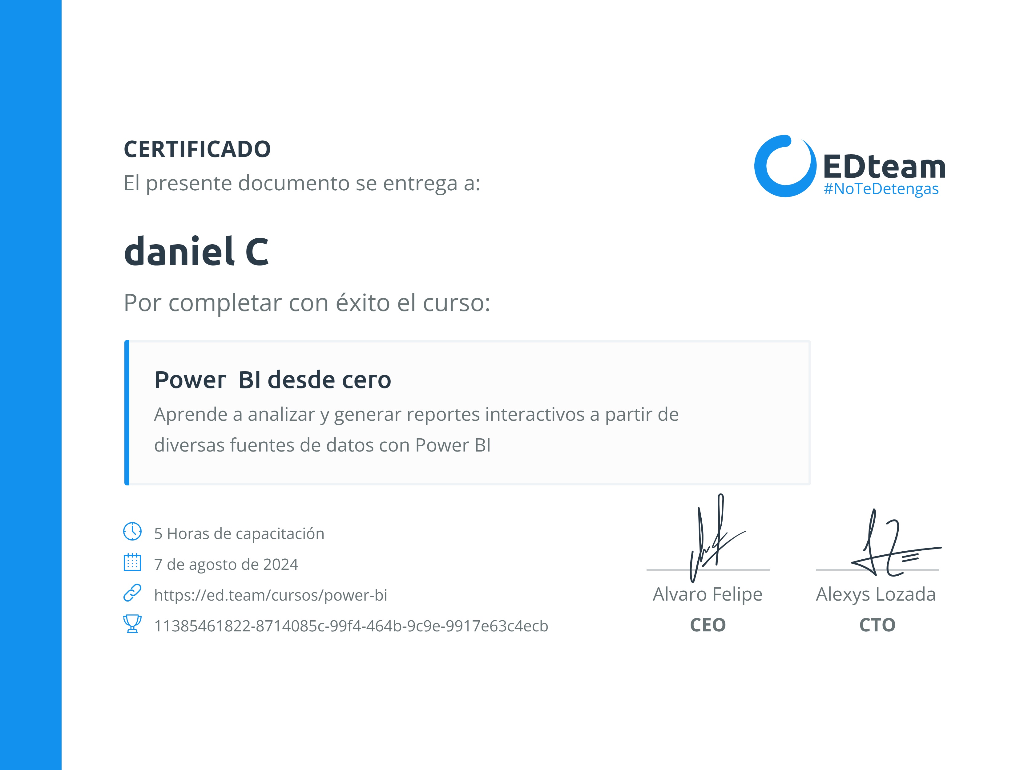 Certificado de daniel C del curso Power BI desde cero | EDteam
