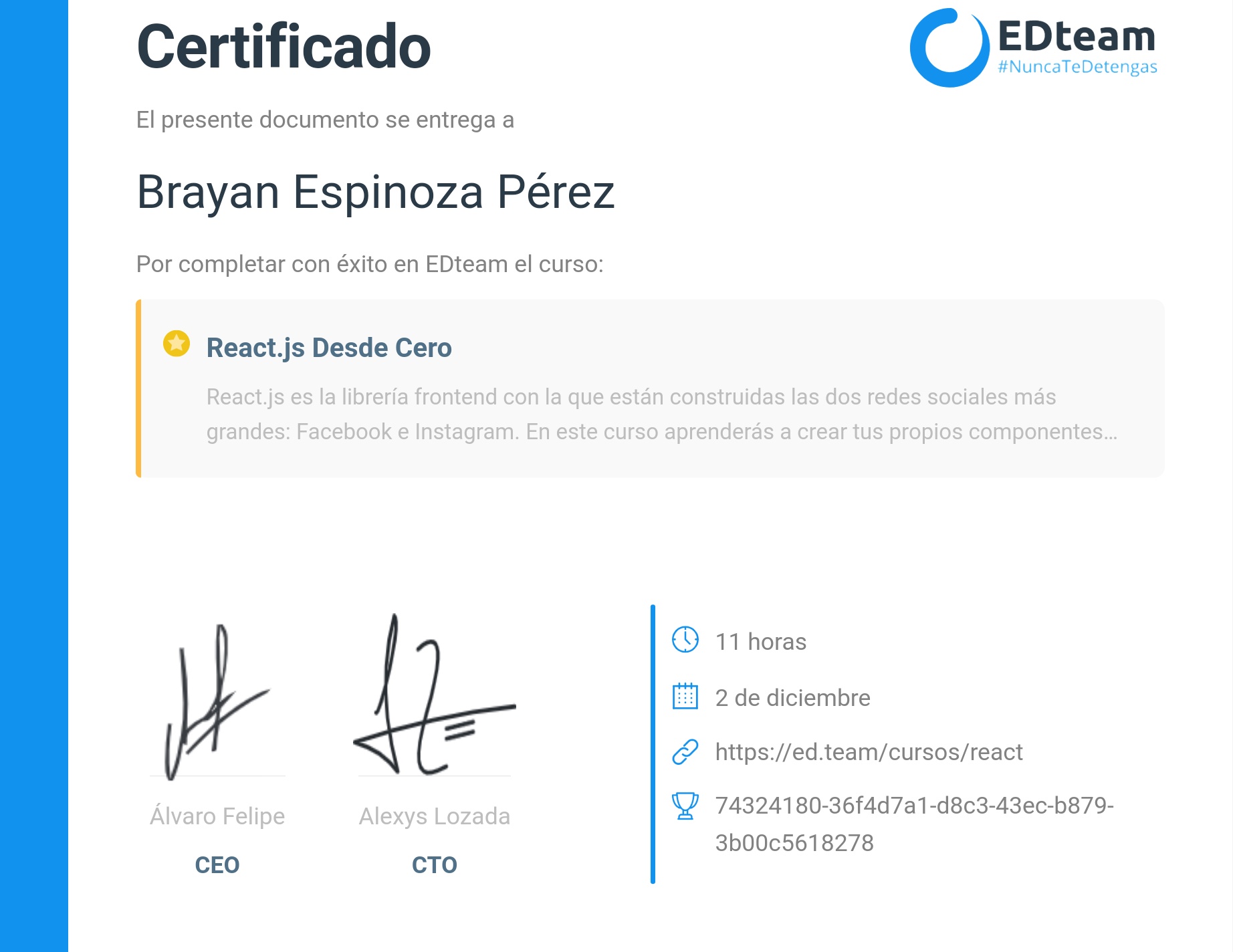 Certificado de Brayan Espinoza del curso React.js Desde Cero (2019) | EDteam