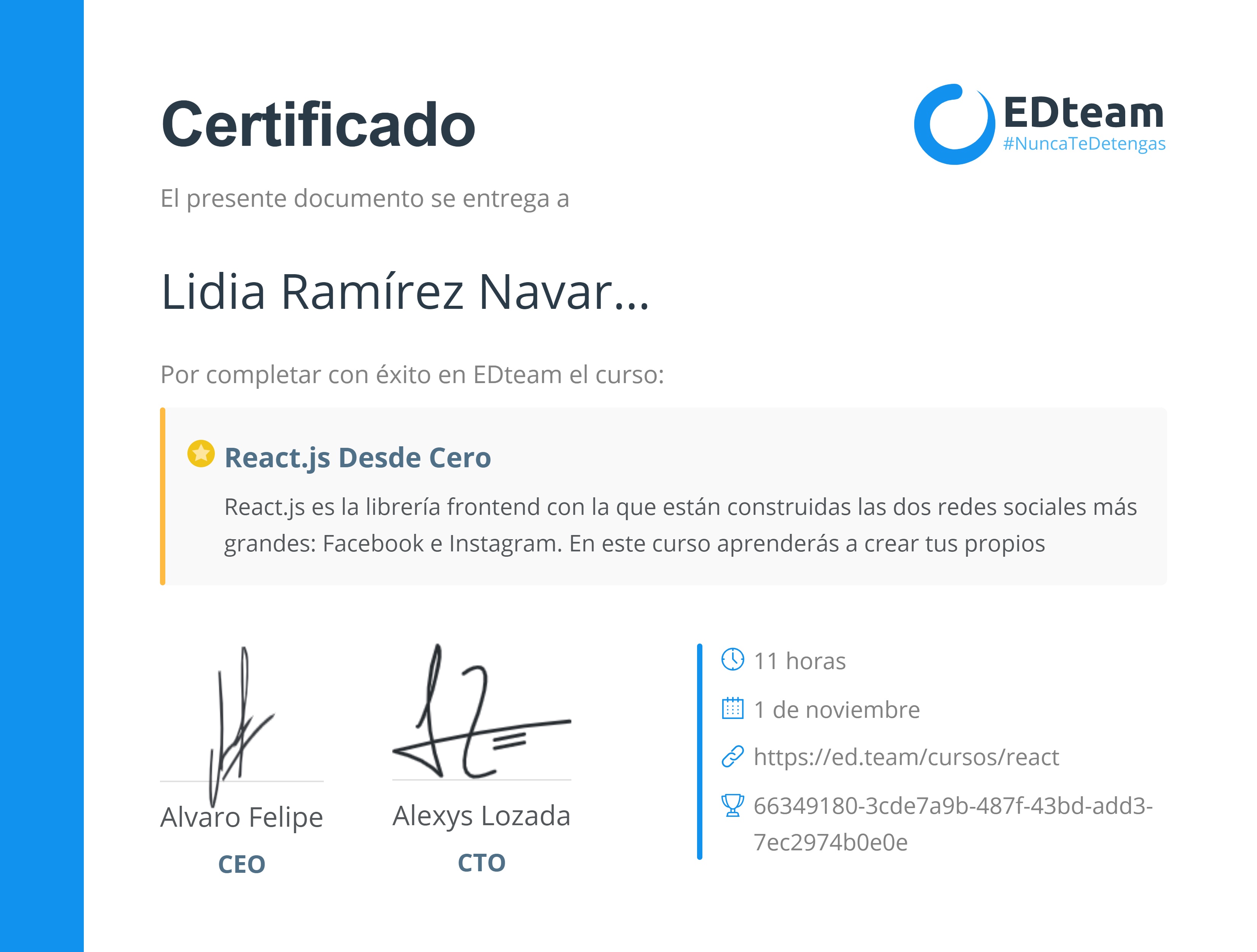 Certificado de Lidia Ramírez Navarro del curso React.js Desde Cero (2019) | EDteam