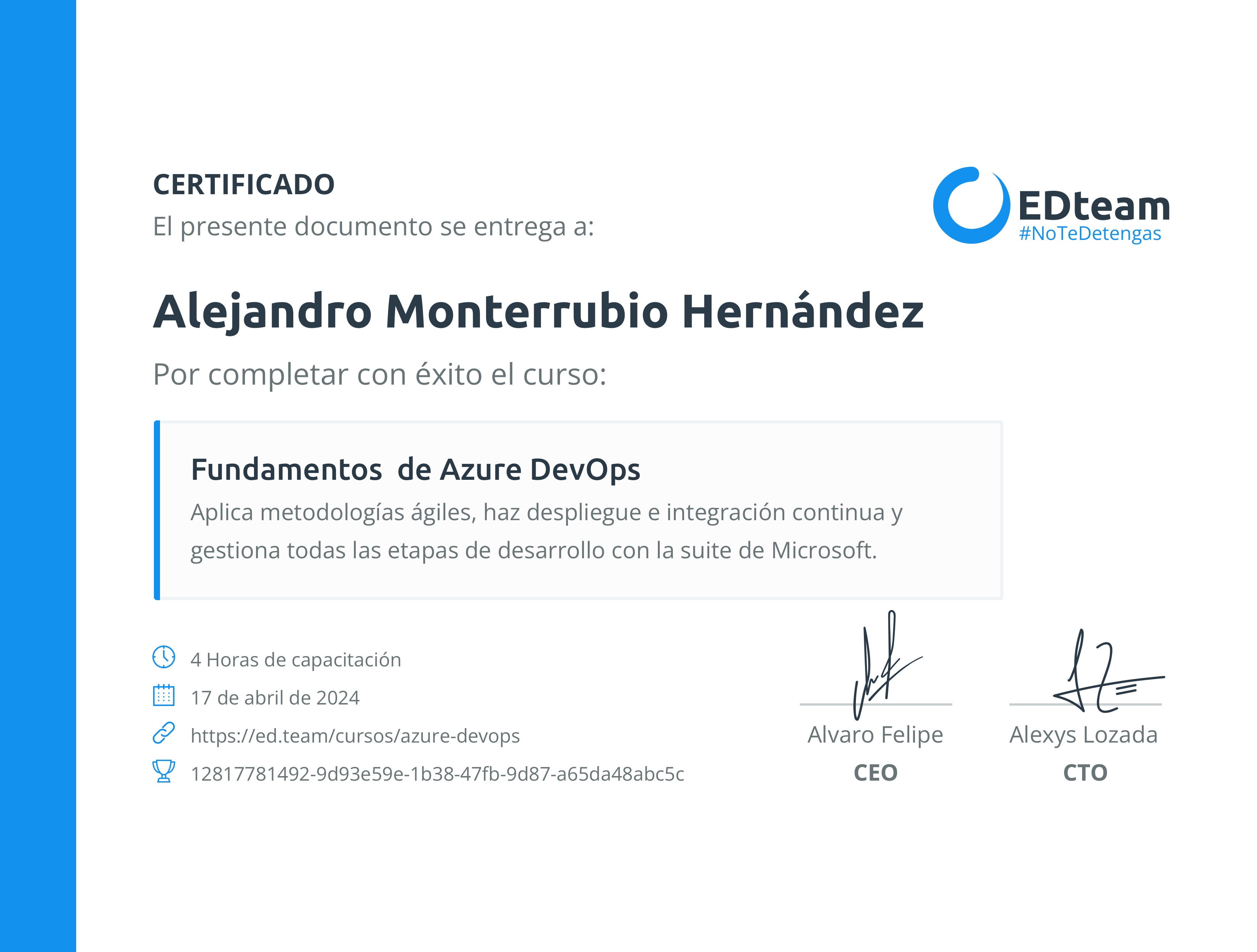 Certificado de Alejandro Monterrubio Hernández del curso Fundamentos de Azure DevOps | EDteam