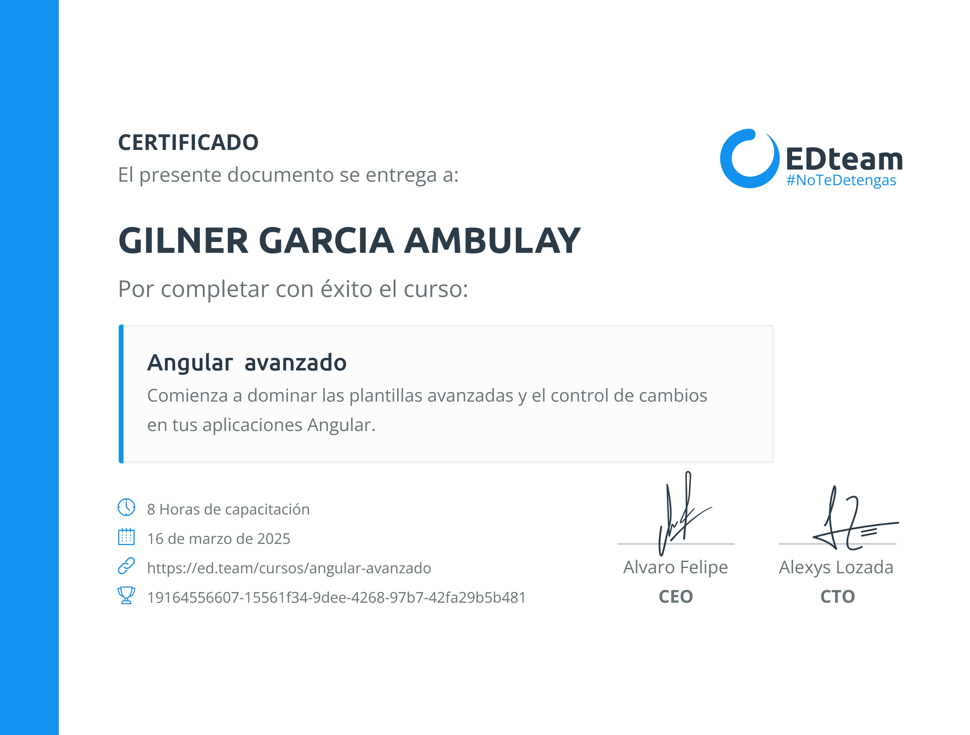 Certificado de Oscar Tipacti del curso Angular avanzado | EDteam