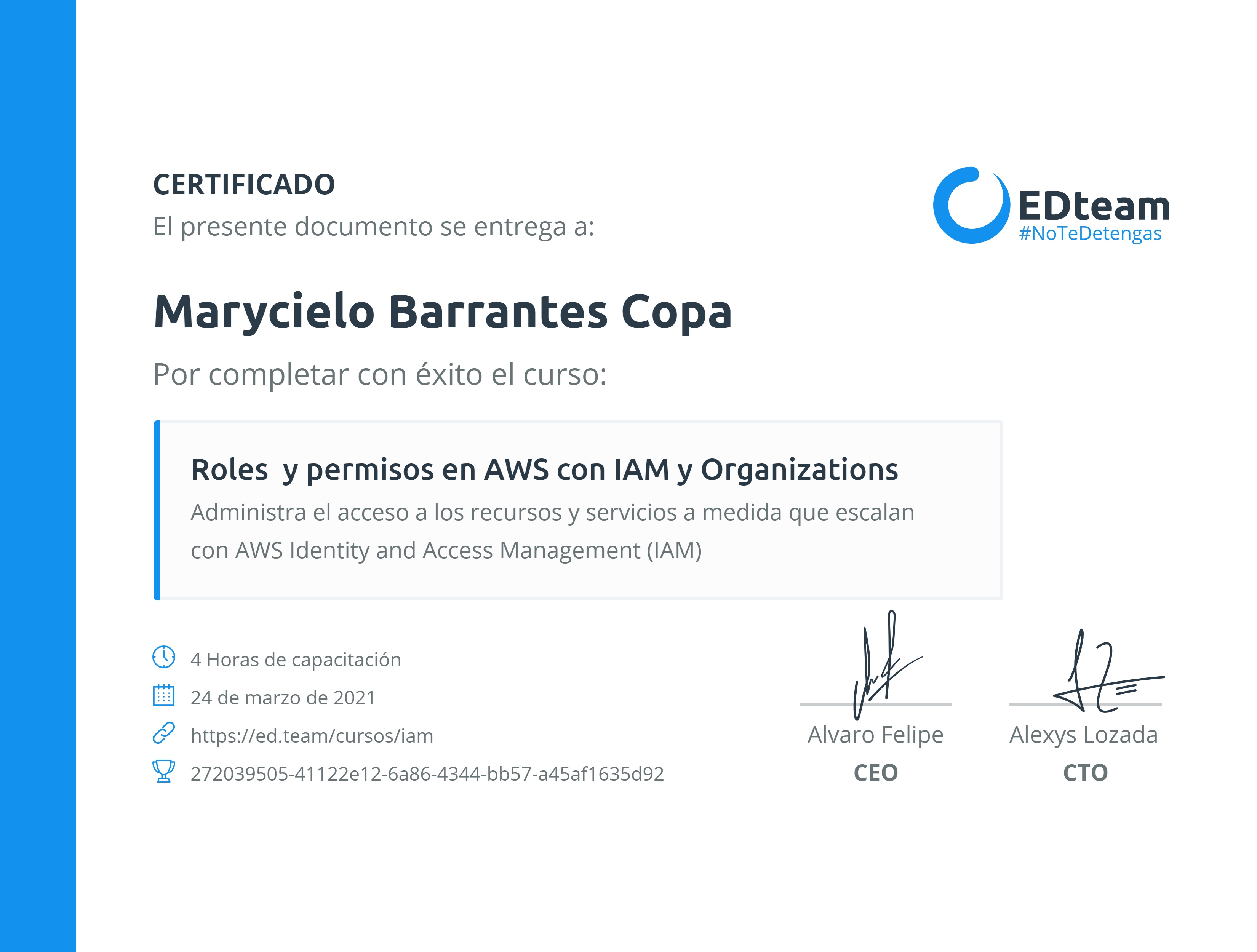 Certificado de Marycielo Barrantes Copa del curso Roles y permisos en ...