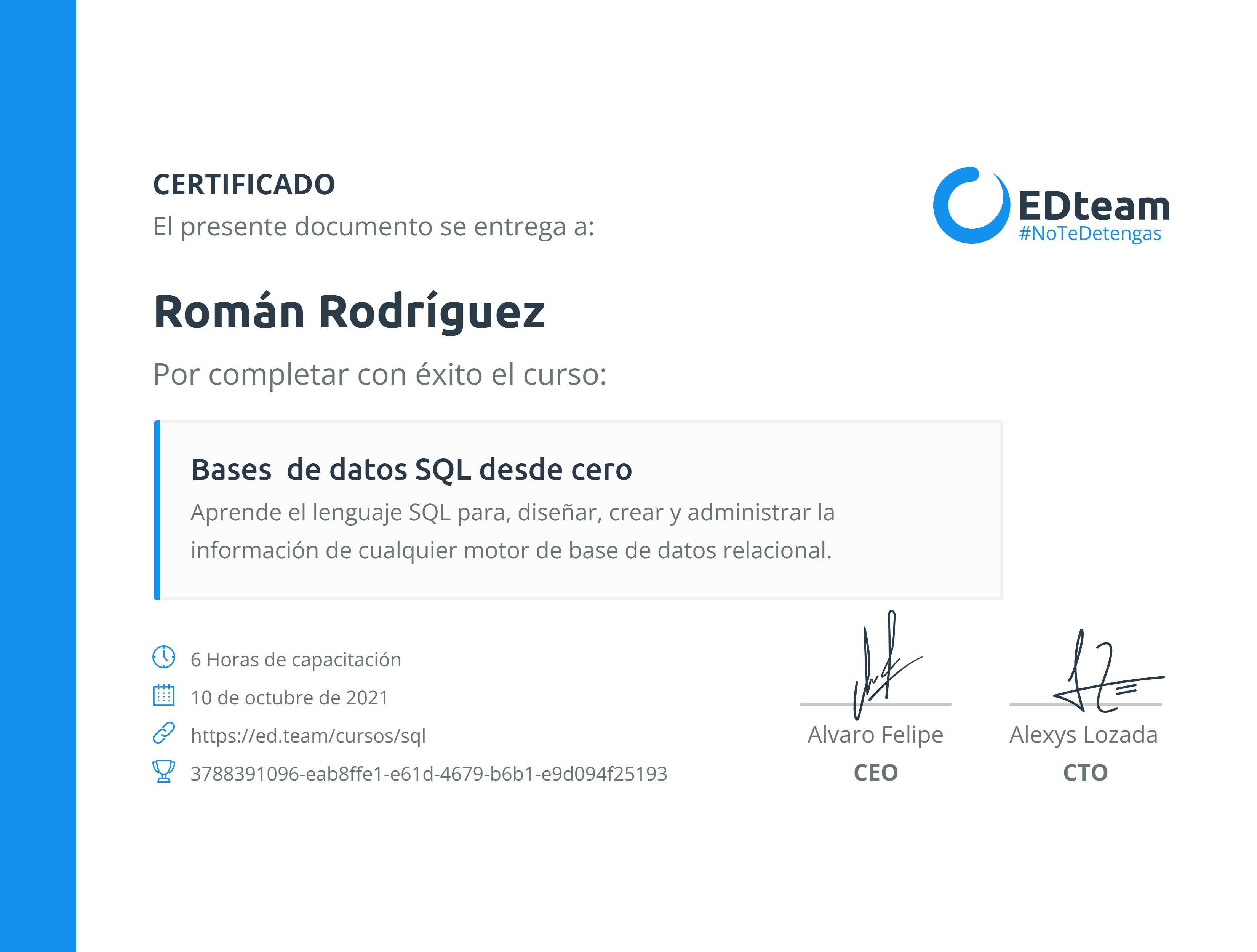 Certificado de Román Rodríguez del curso Bases de datos SQL desde cero | EDteam