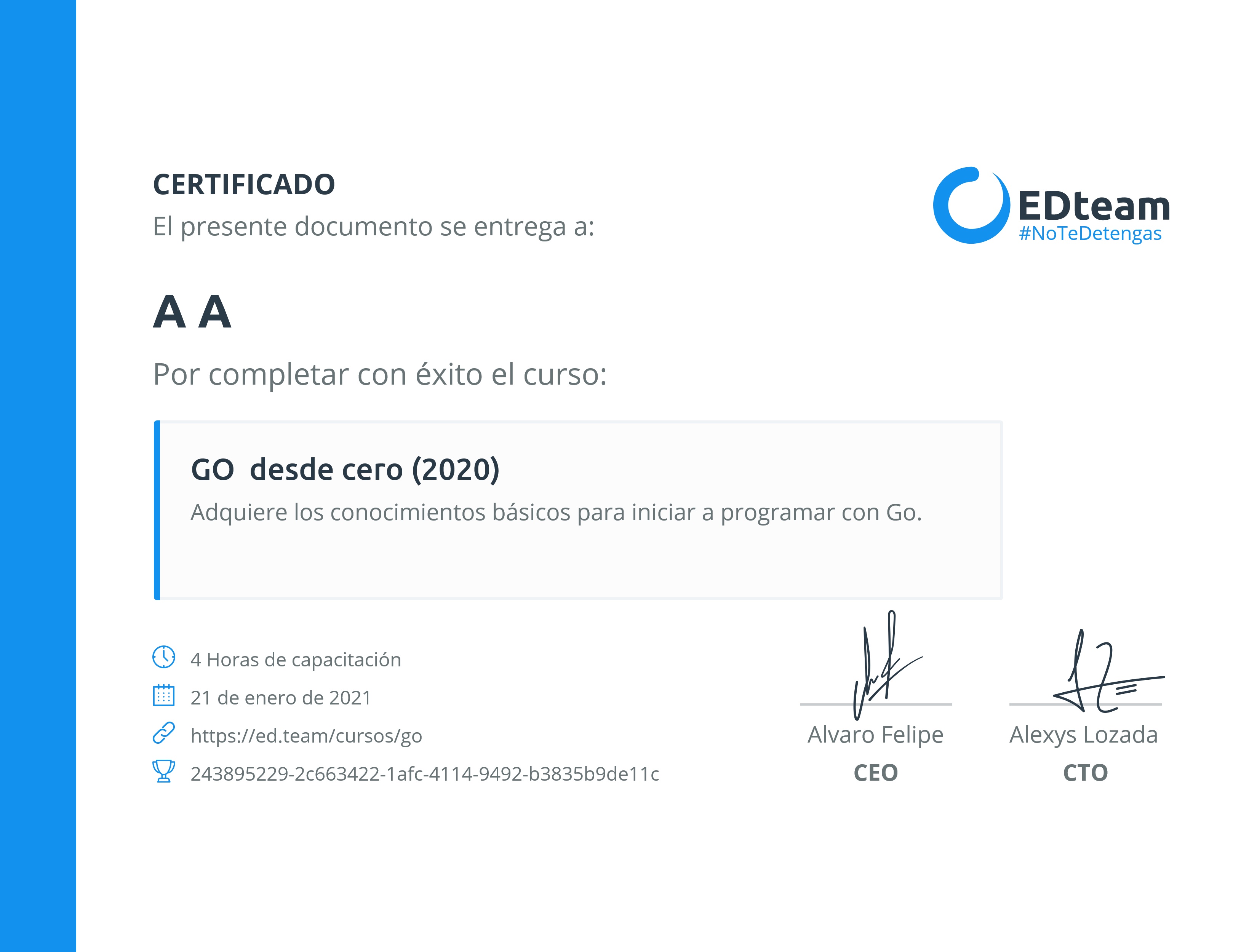 Certificado de A A del curso GO desde cero (2020) | EDteam