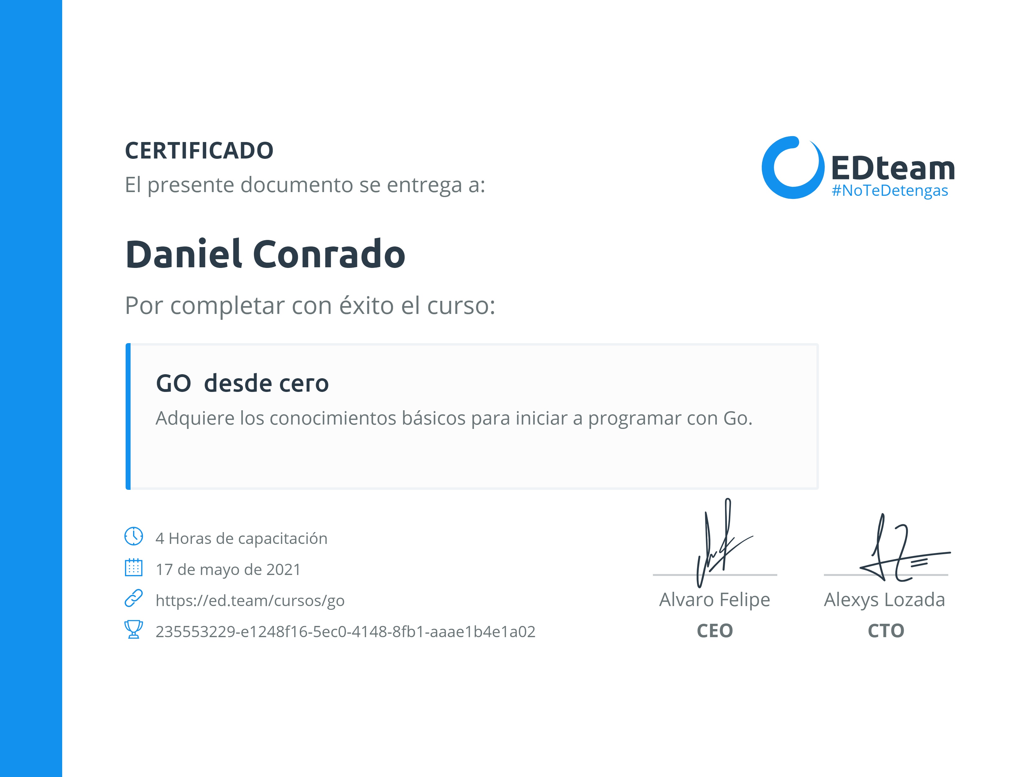 Certificado de curso golang del curso GO desde cero (2020) | EDteam