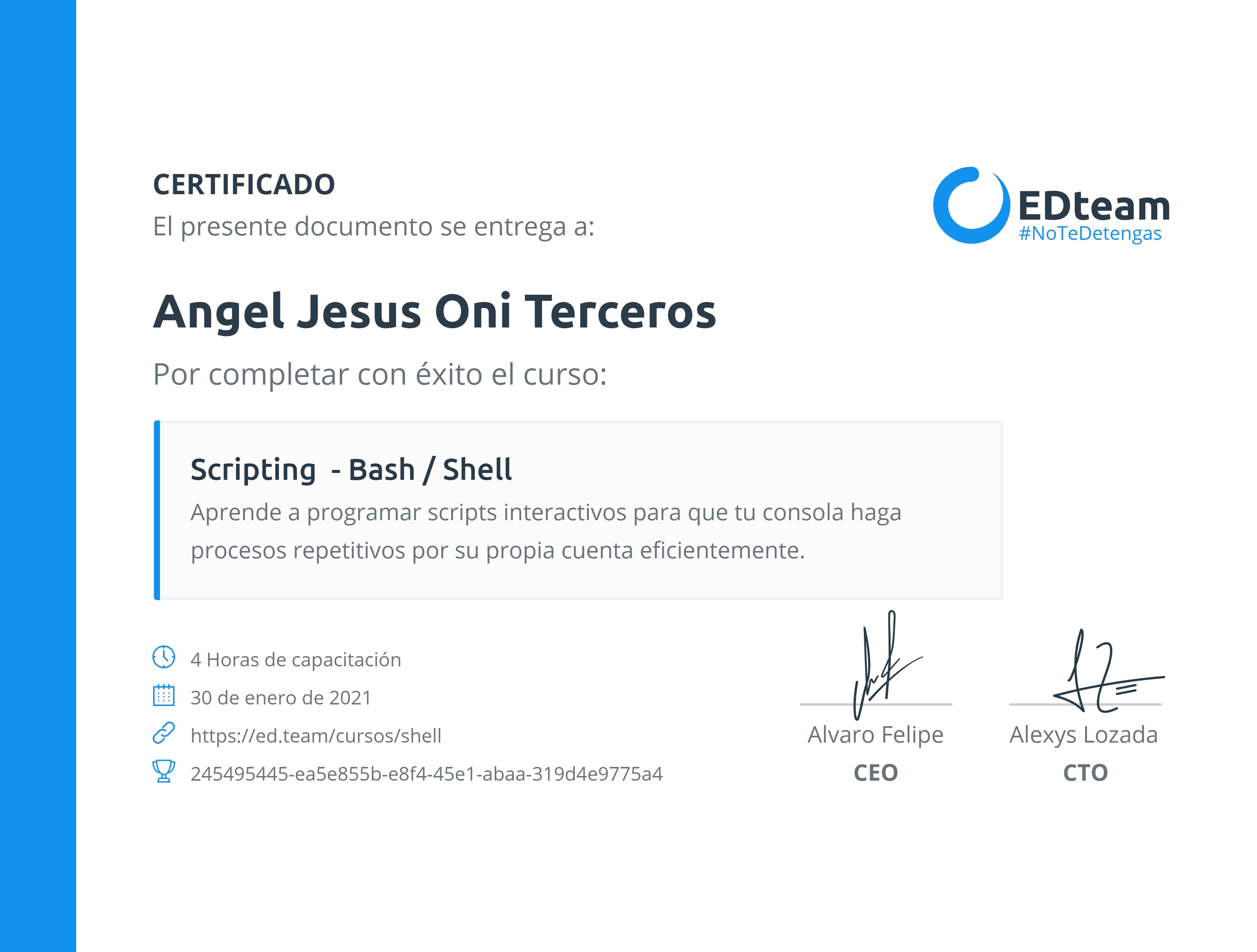 Certificado de Angel Jesus Oni Terceros del curso Scripting - Bash ...