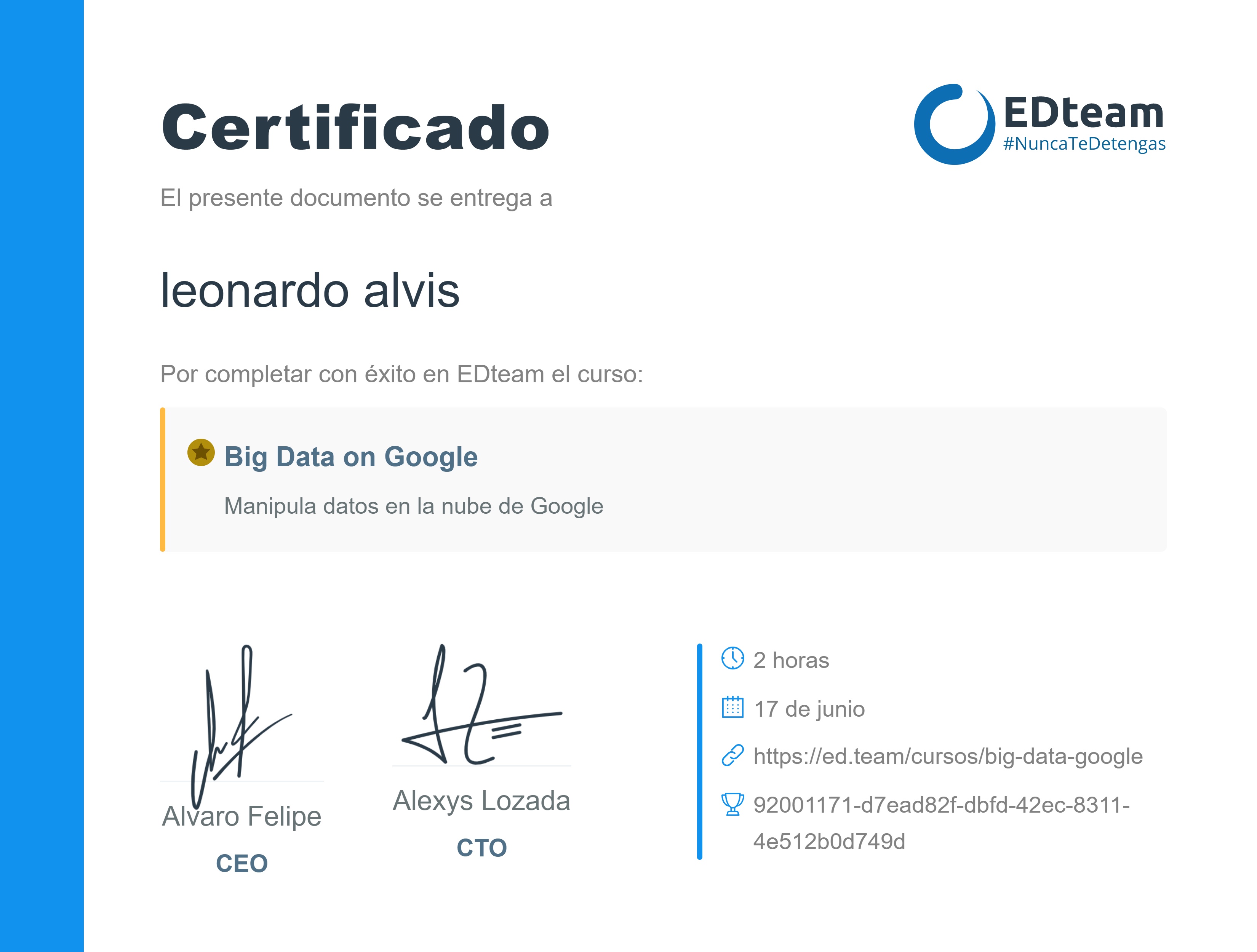Certificado de leonardo alvis del curso Big Data on Google | EDteam