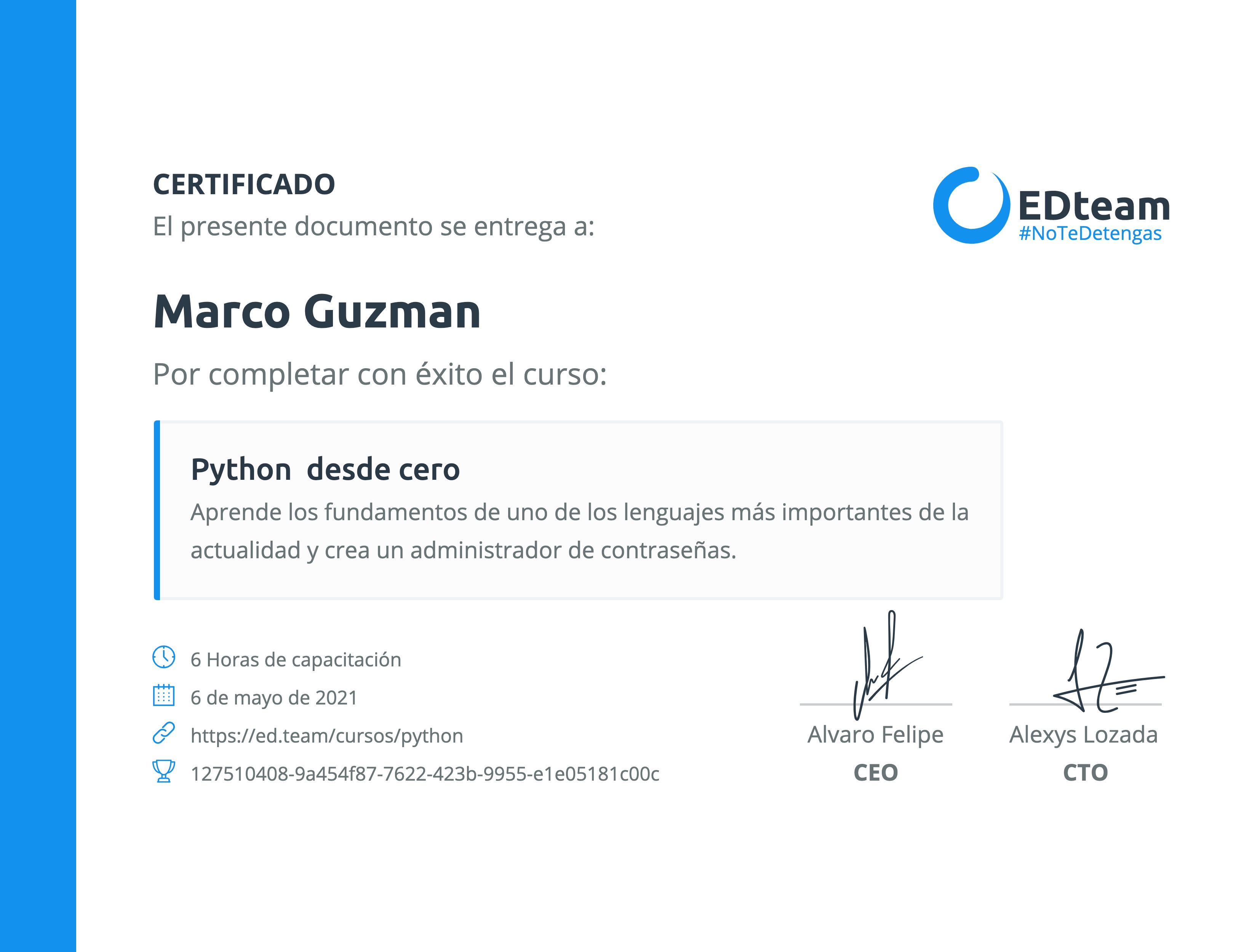 Certificado de Marco Guzman del curso Python desde cero (2020) | EDteam
