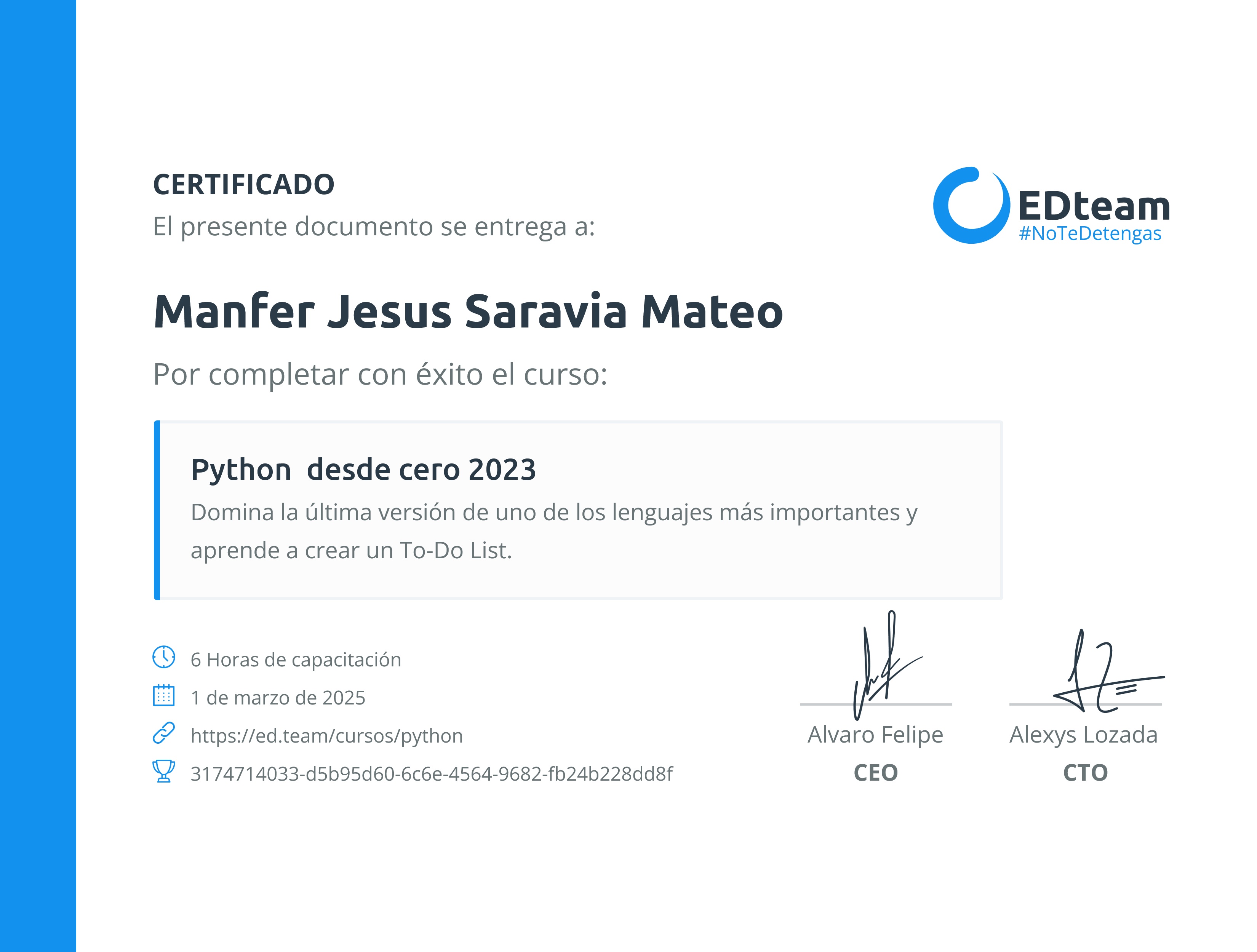 Certificado de Manfer Jesus Saravia Mateo del curso Python desde cero ...