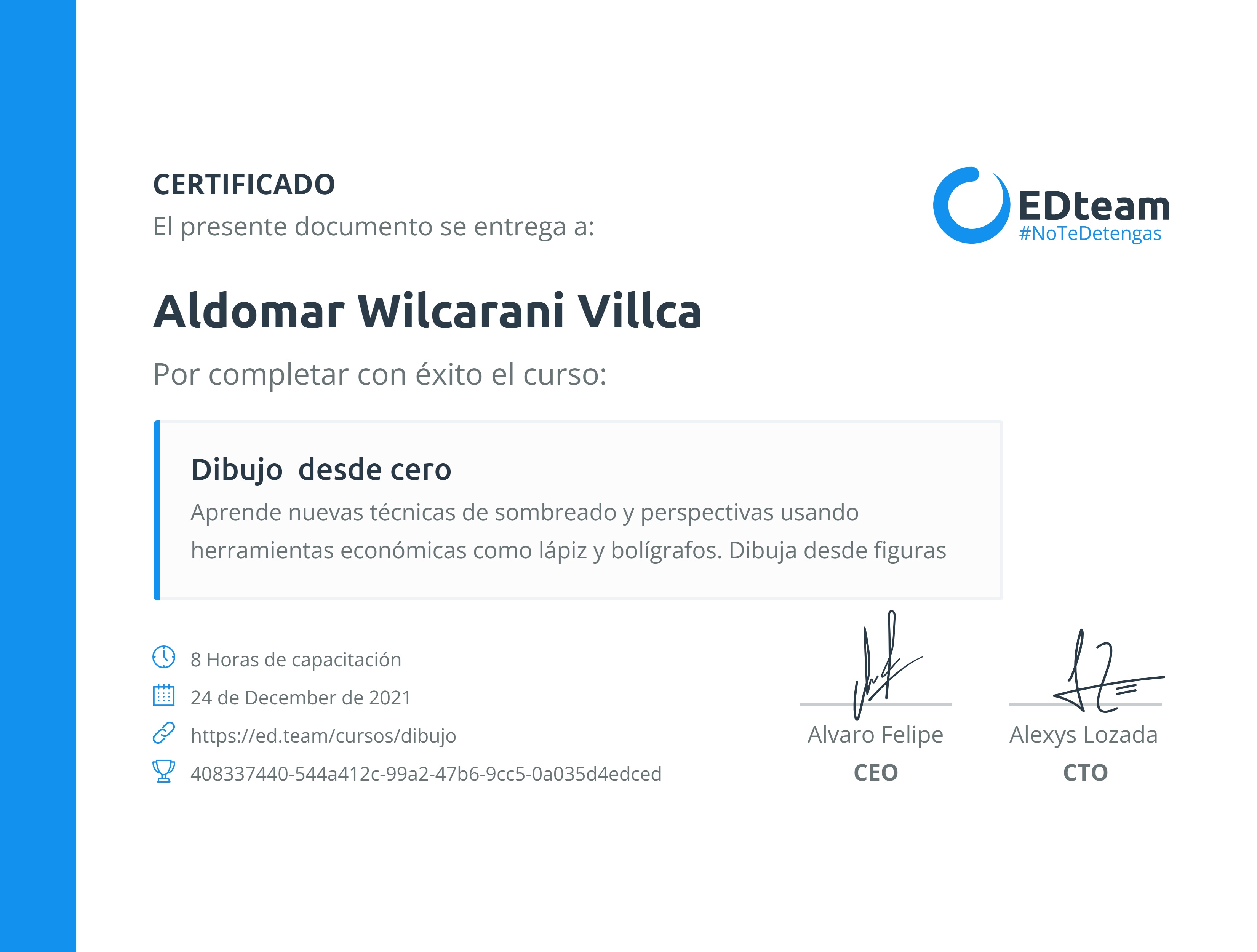 Certificado de Aldomar Wilcarani Villca del curso Dibujo desde cero ...