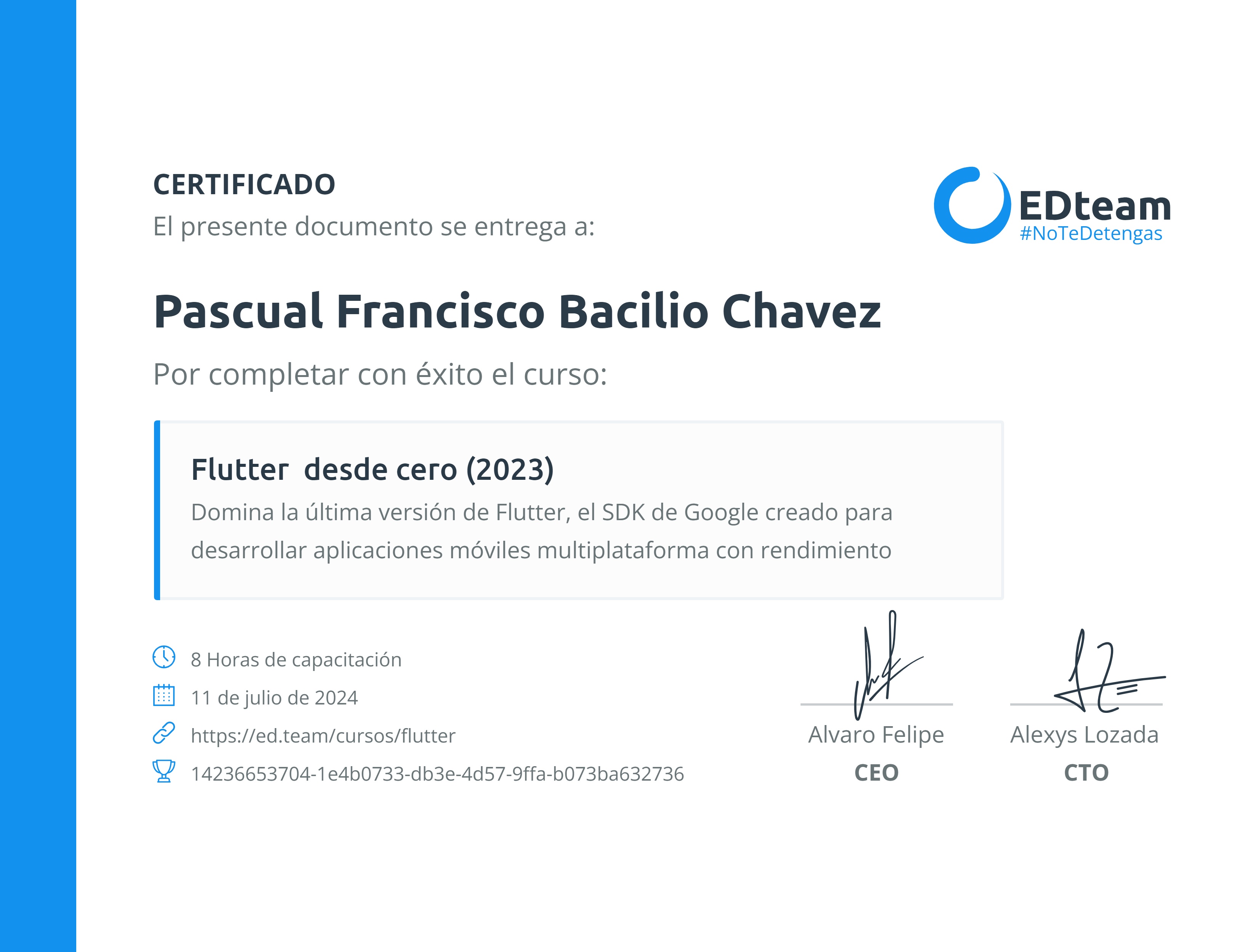 Certificado de Pascual Francisco Bacilio Chavez del curso Flutter desde cero | EDteam
