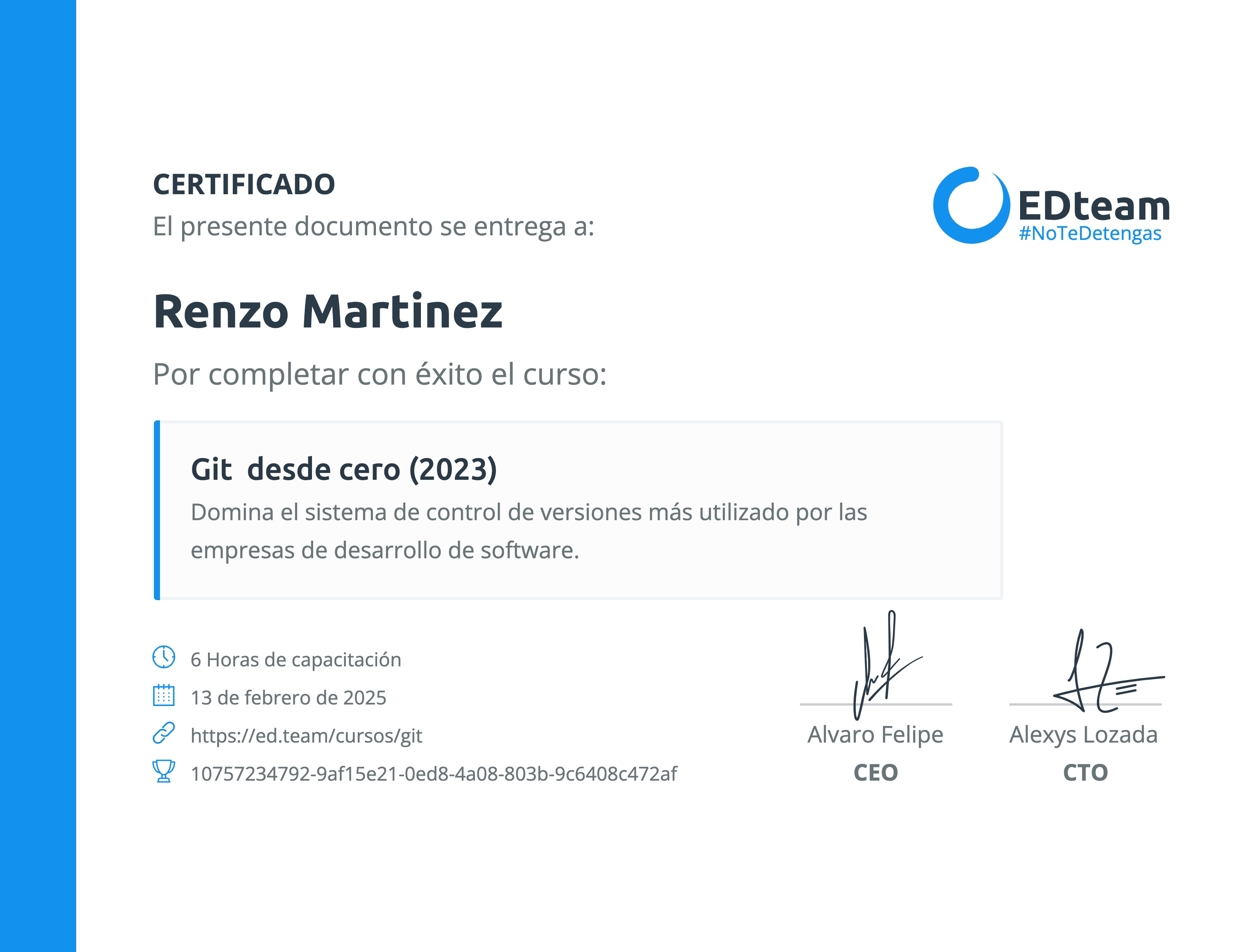 Certificado de Renzo Martinez del curso Git desde cero (2023) | EDteam