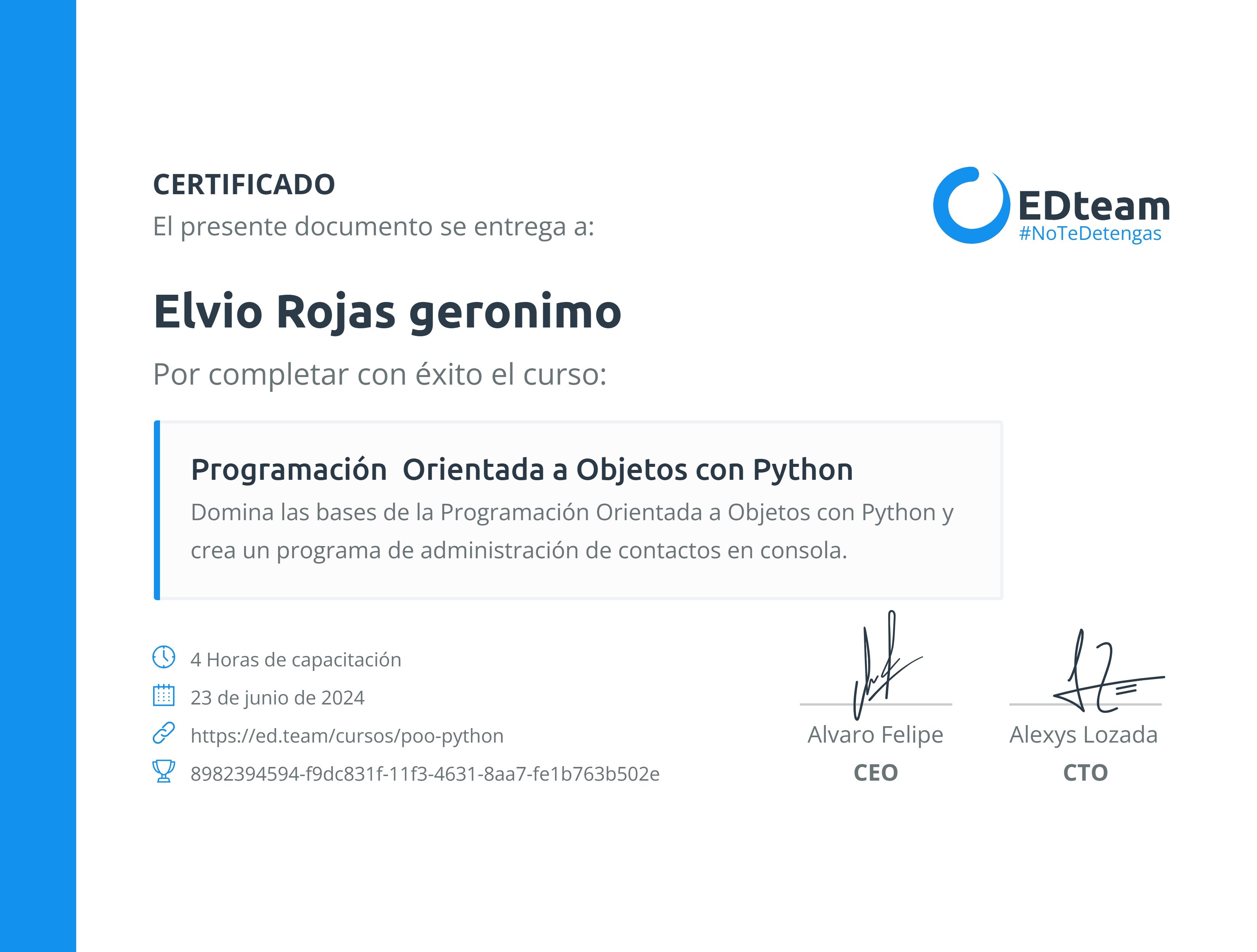 Certificado de Elvio Rojas geronimo del curso Programación Orientada a ... Certificado de Elvio Rojas geronimo del curso Programación Orientada a ...