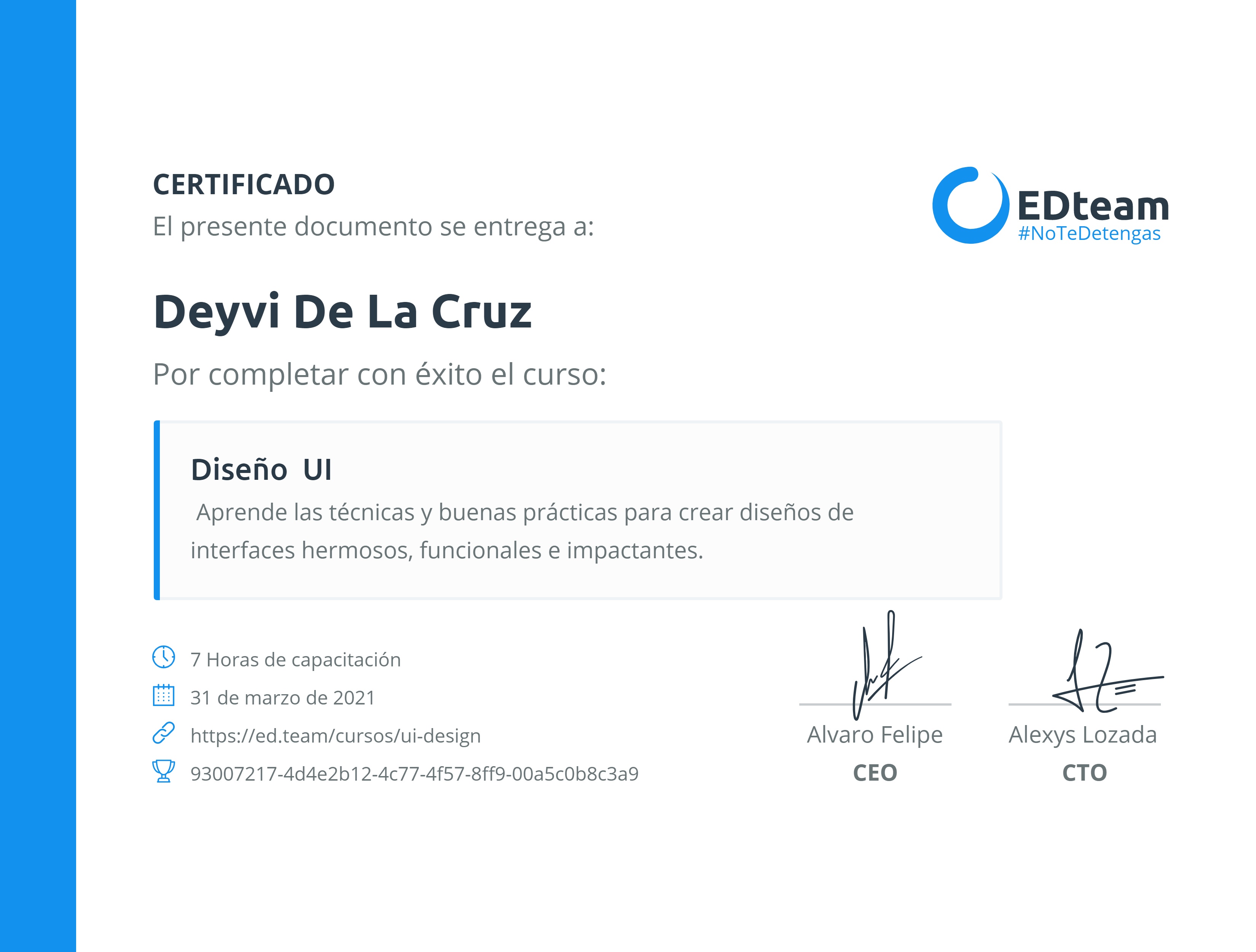 Certificado de Deyvi De del curso Diseño UI | EDteam