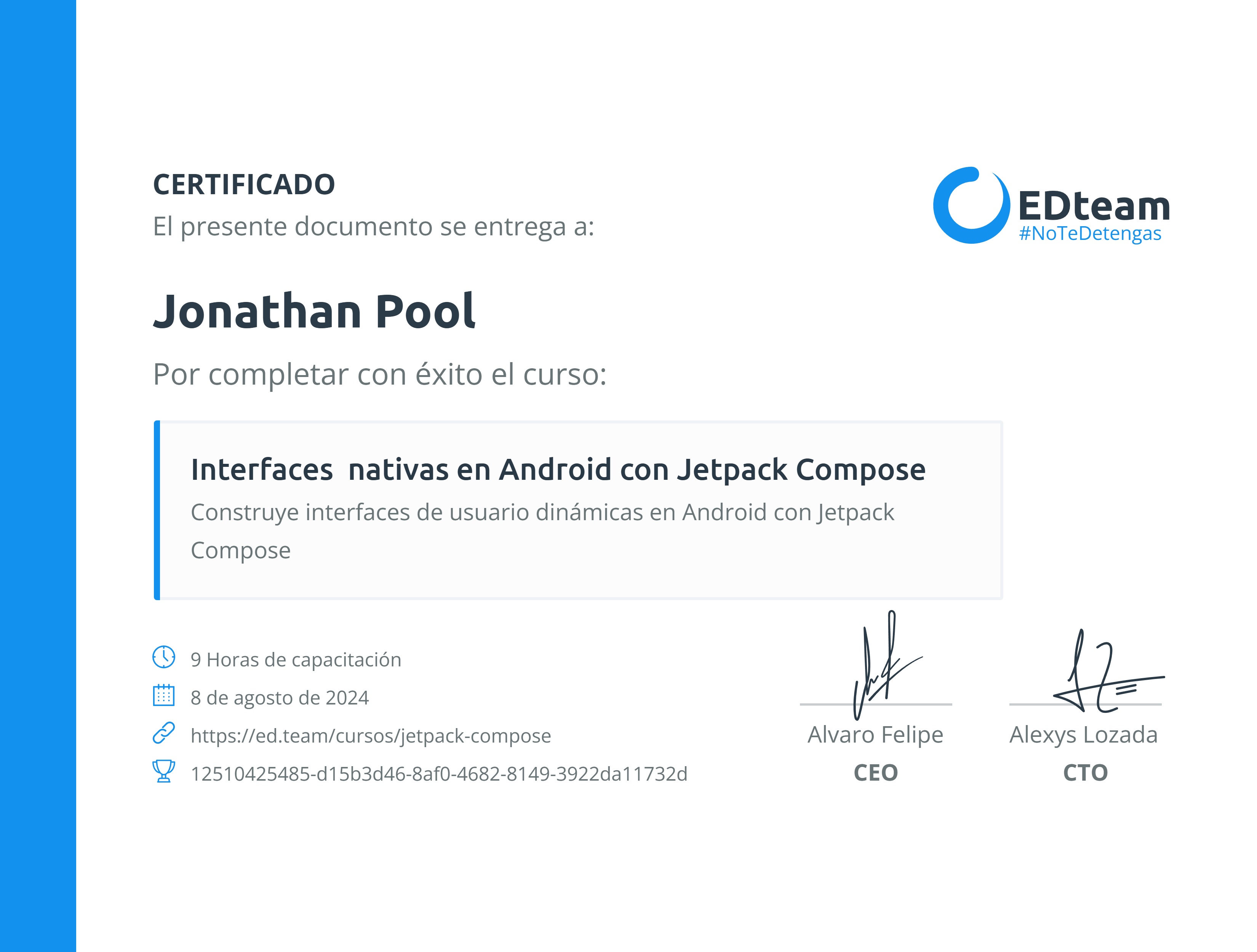 Certificado de Jonathan Pool del curso Interfaces nativas en Android con Jetpack Compose | EDteam