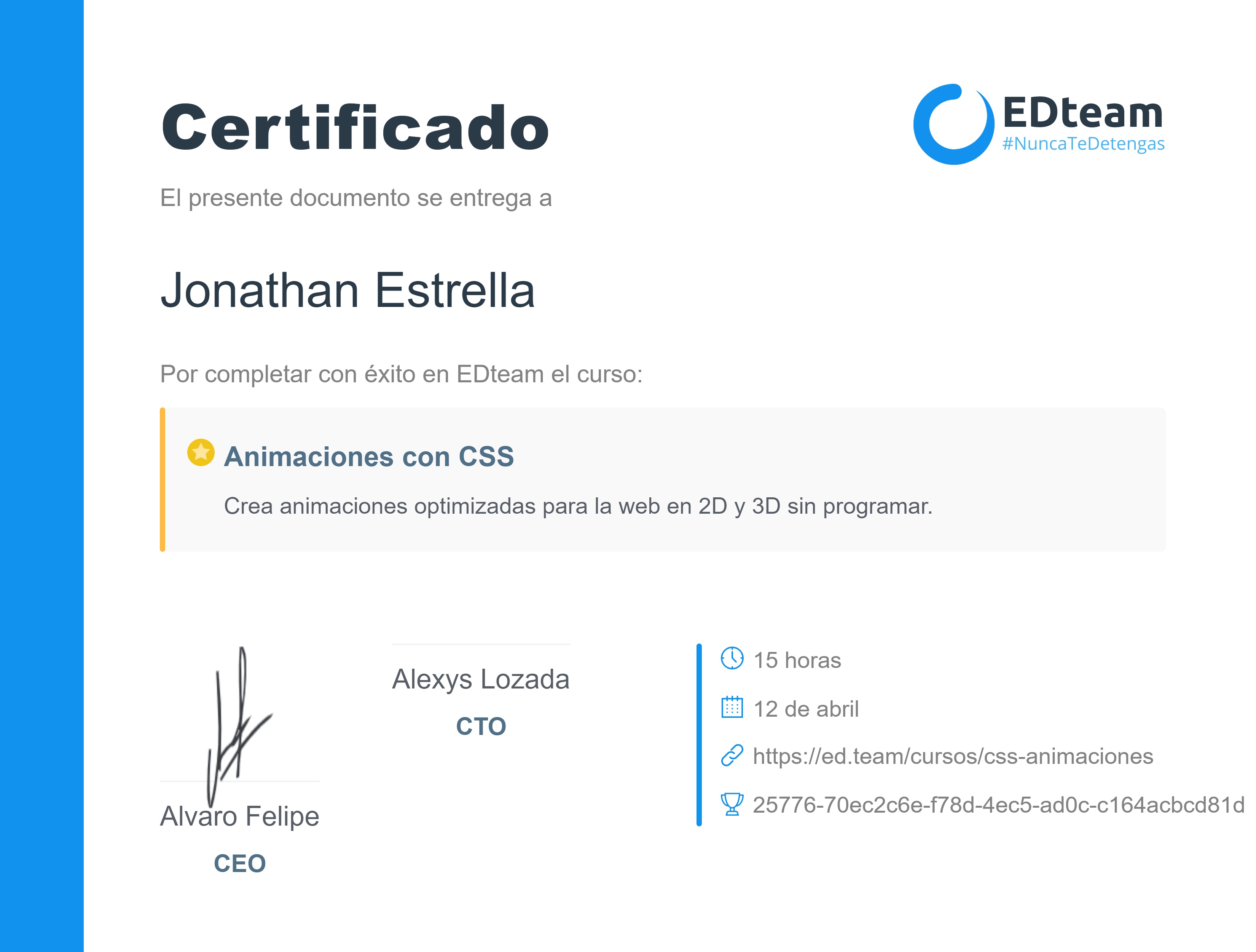 Certificado de Jonathan Estrella del curso Animaciones con CSS | EDteam