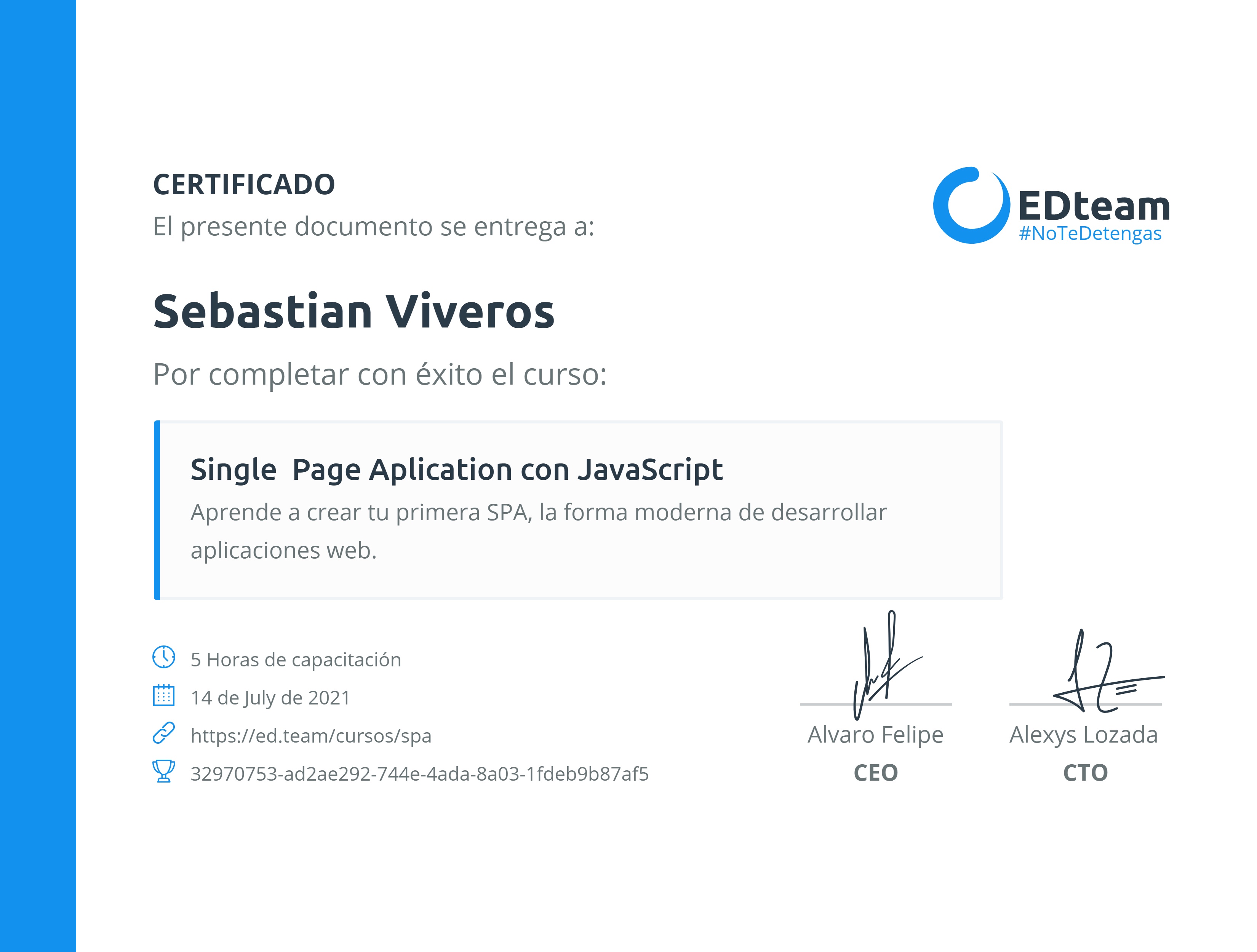 Certificado de Sebastian Viveros del curso Single Page Aplication con ...