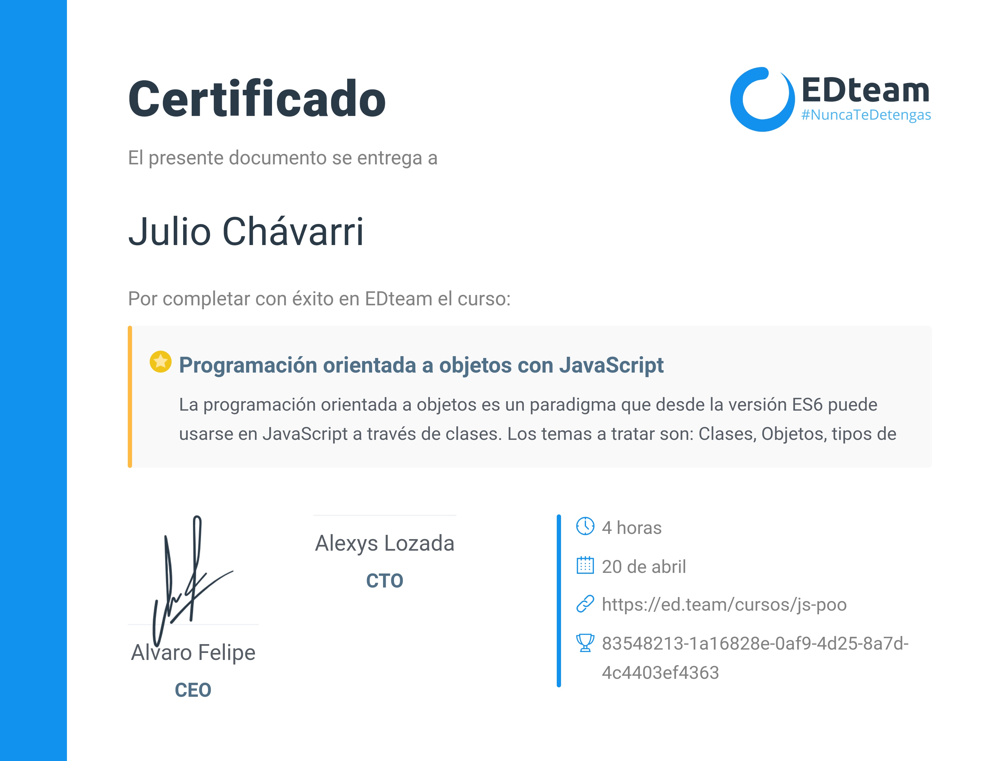 Certificado de Julio Chávarri del curso Programación orientada a ...
