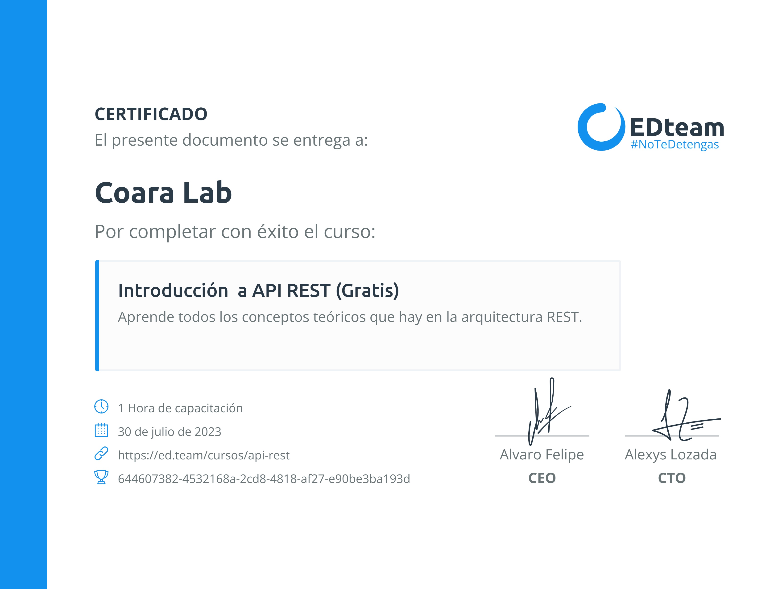Certificado de Coara Lab del curso Introducción a API REST (Gratis) | EDteam
