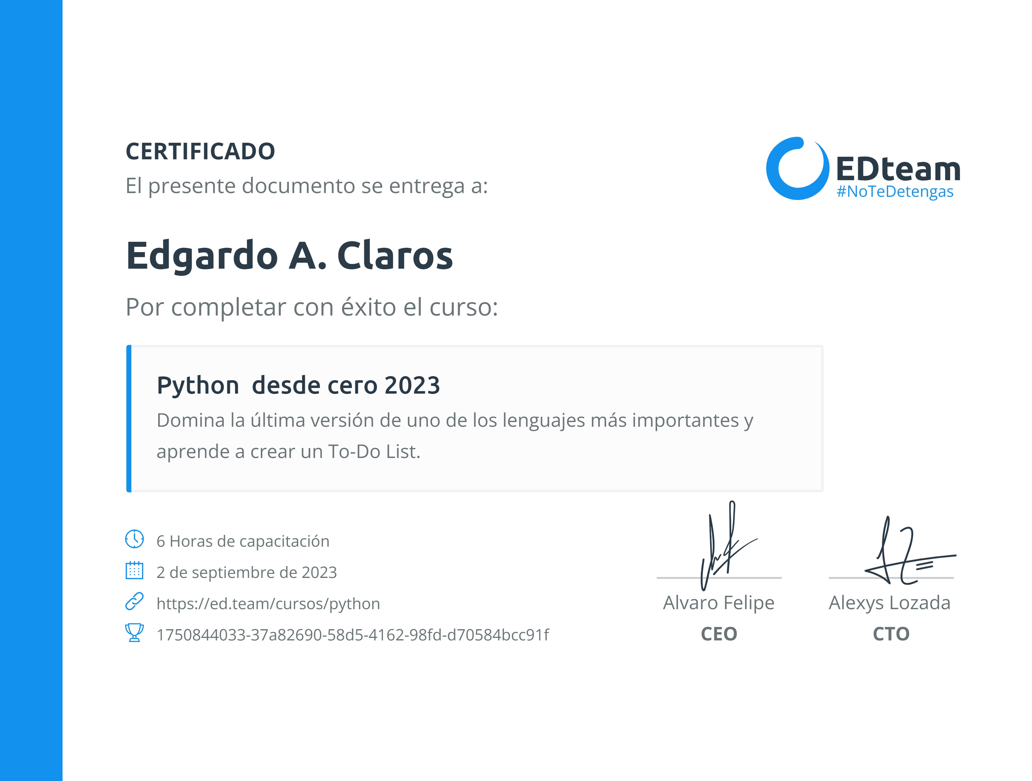 Certificado de Edgardo A. Claros del curso Python desde cero 2023 | EDteam