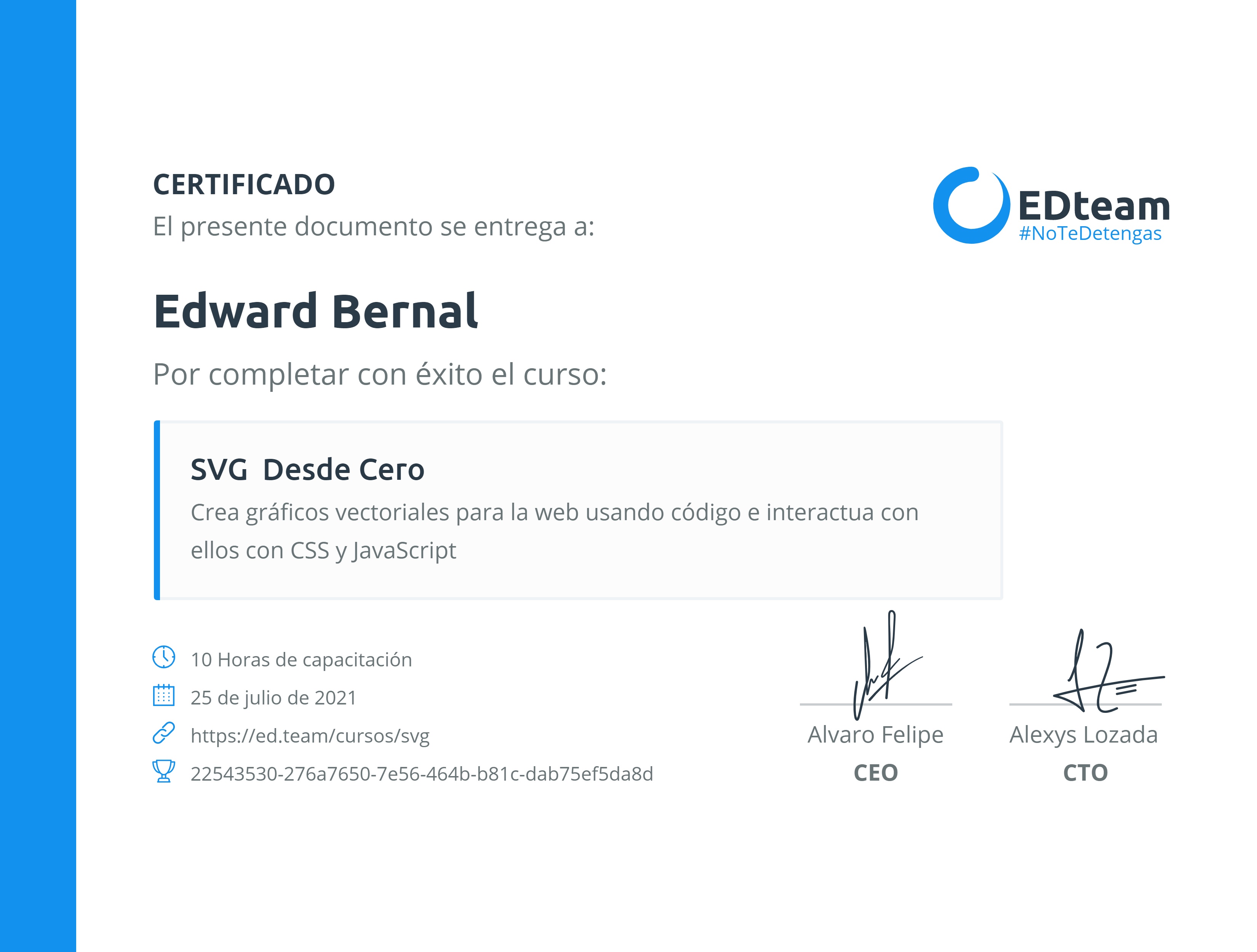 Certificado de Edward Bernal del curso SVG desde cero | EDteam