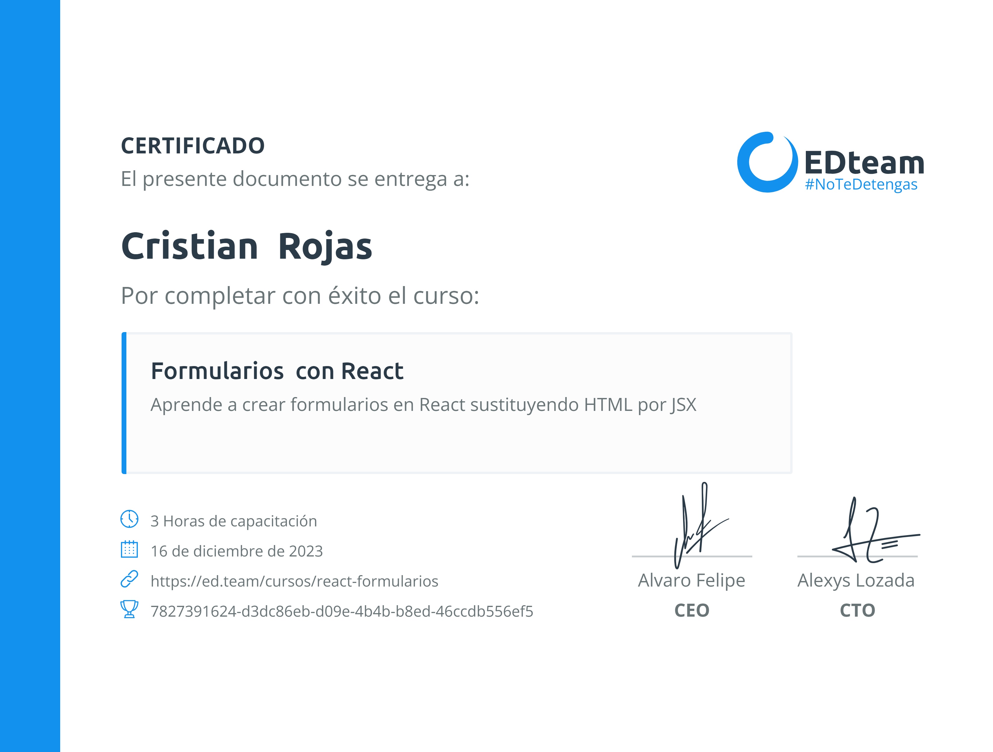Certificado de Cristian Rojas del curso Formularios con React | EDteam