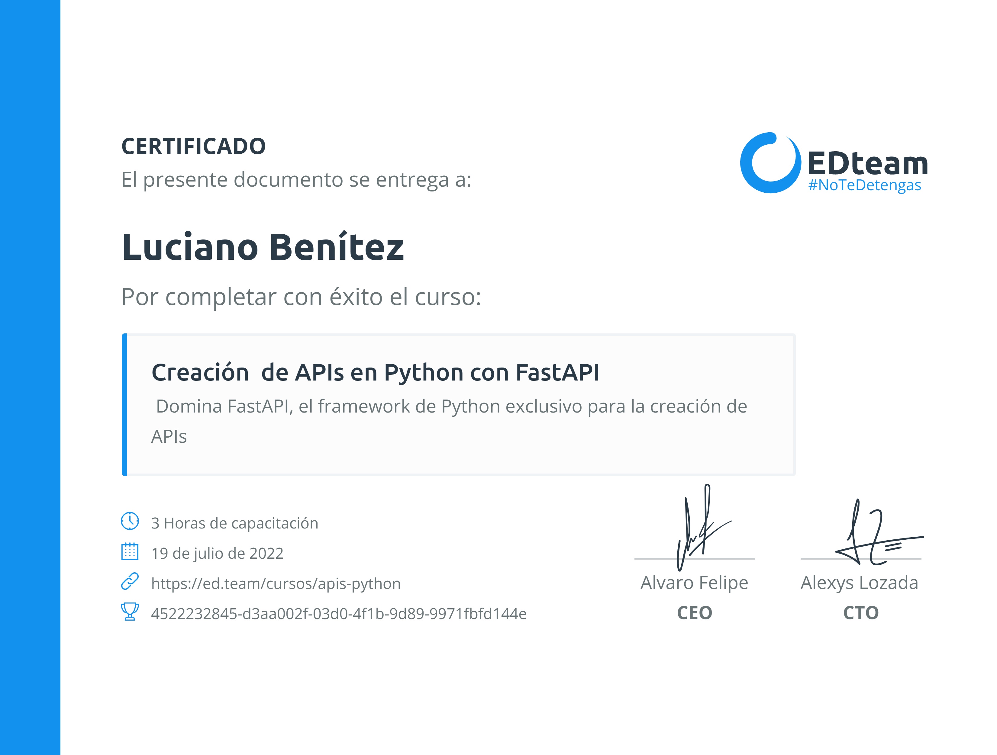 Certificado de Luciano Benítez del curso Creación de APIs en Python con ...