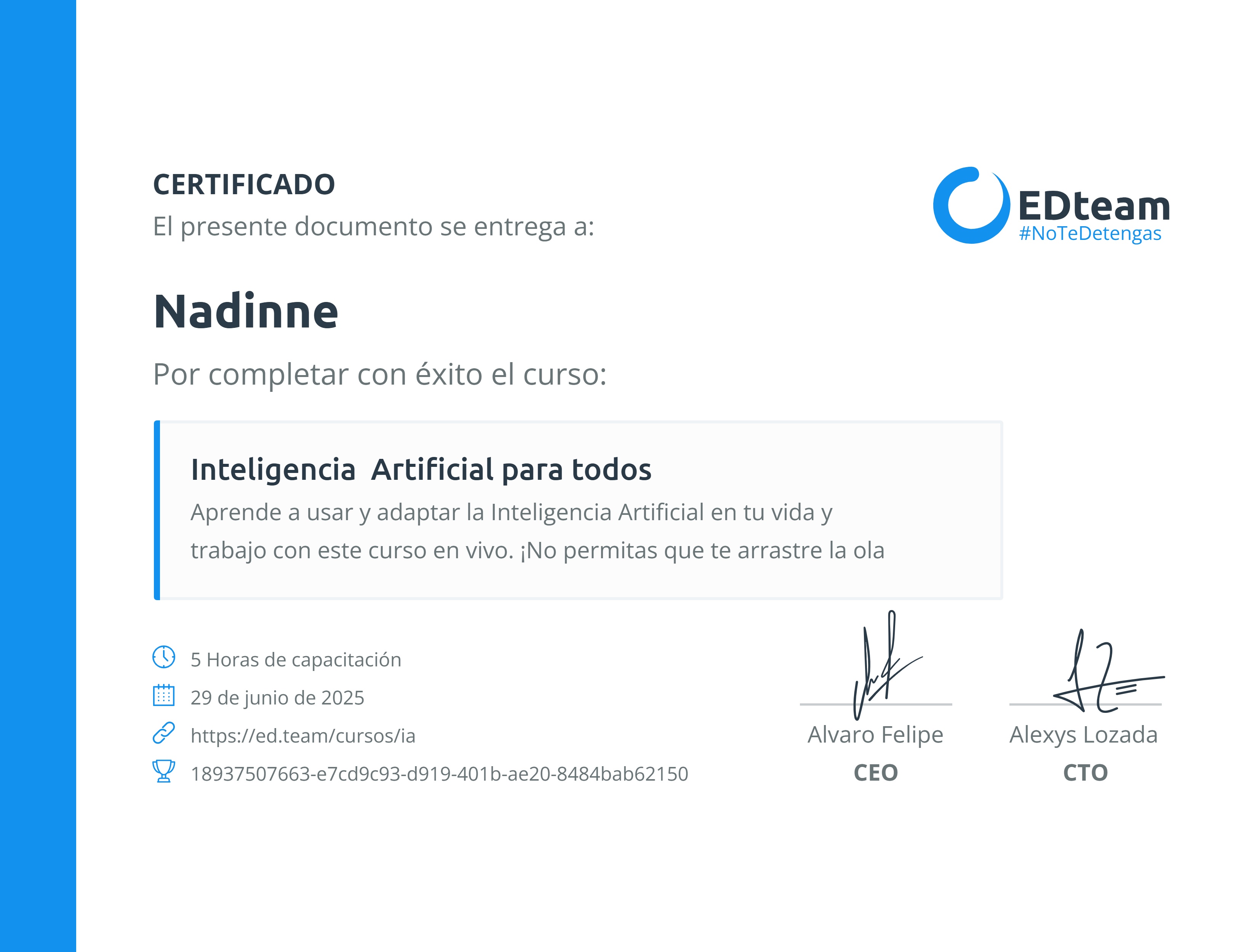 Certificado de Nadinne del curso Inteligencia Artificial para todos | EDteam