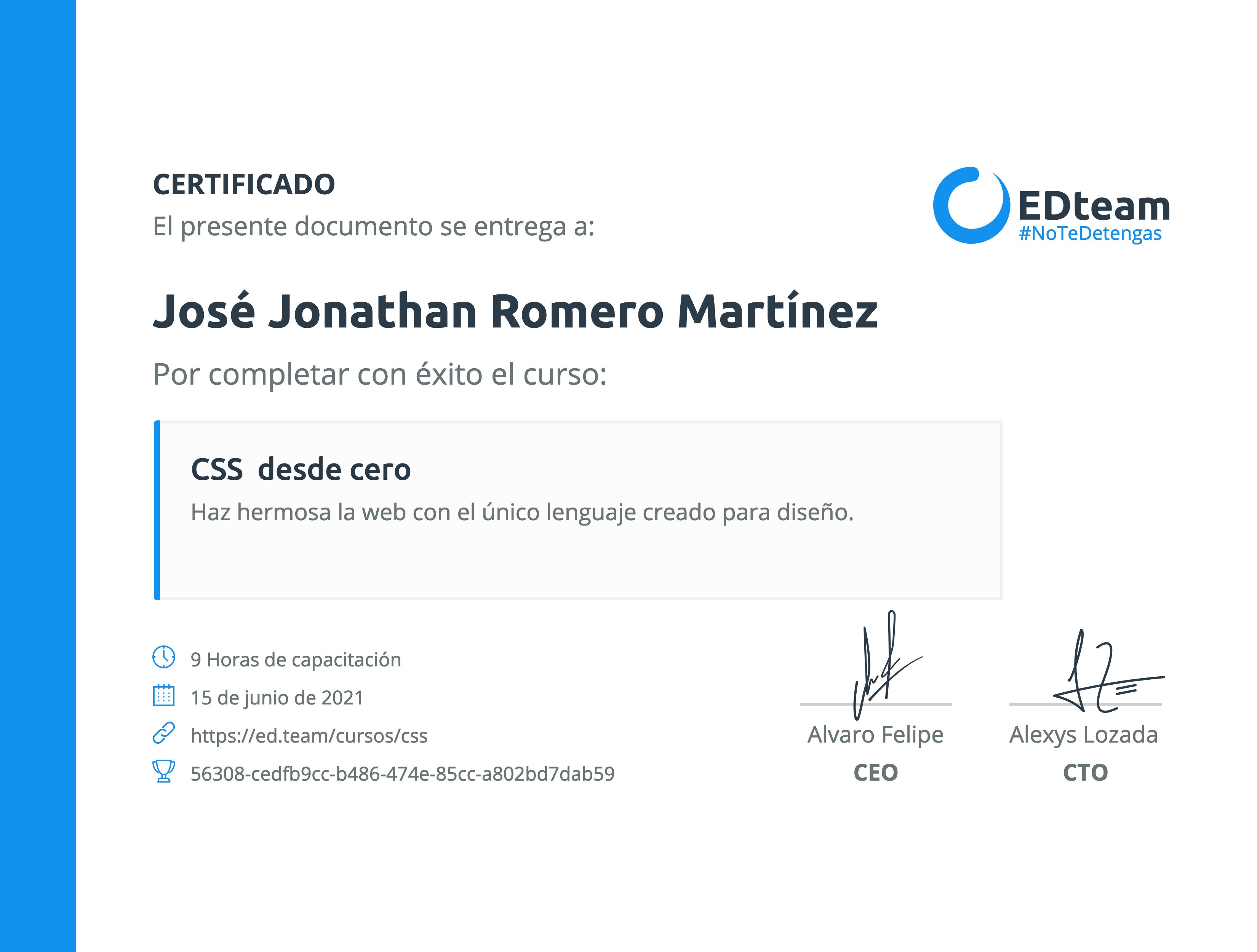 Certificado de José Jonathan Romero Martínez del curso CSS desde cero (2020) | EDteam