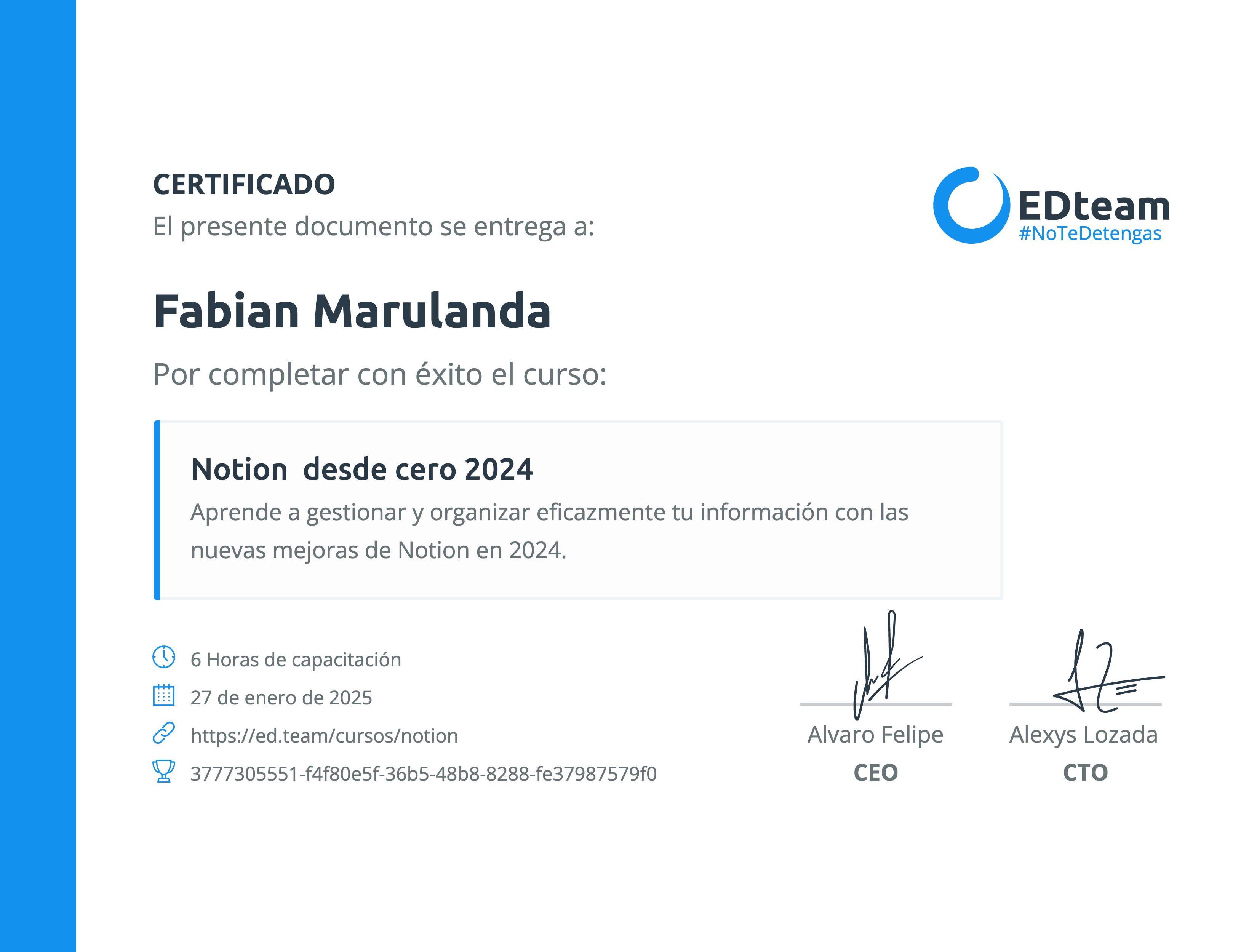 Certificado de Fabian Marulanda del curso Notion desde cero 2024 | EDteam