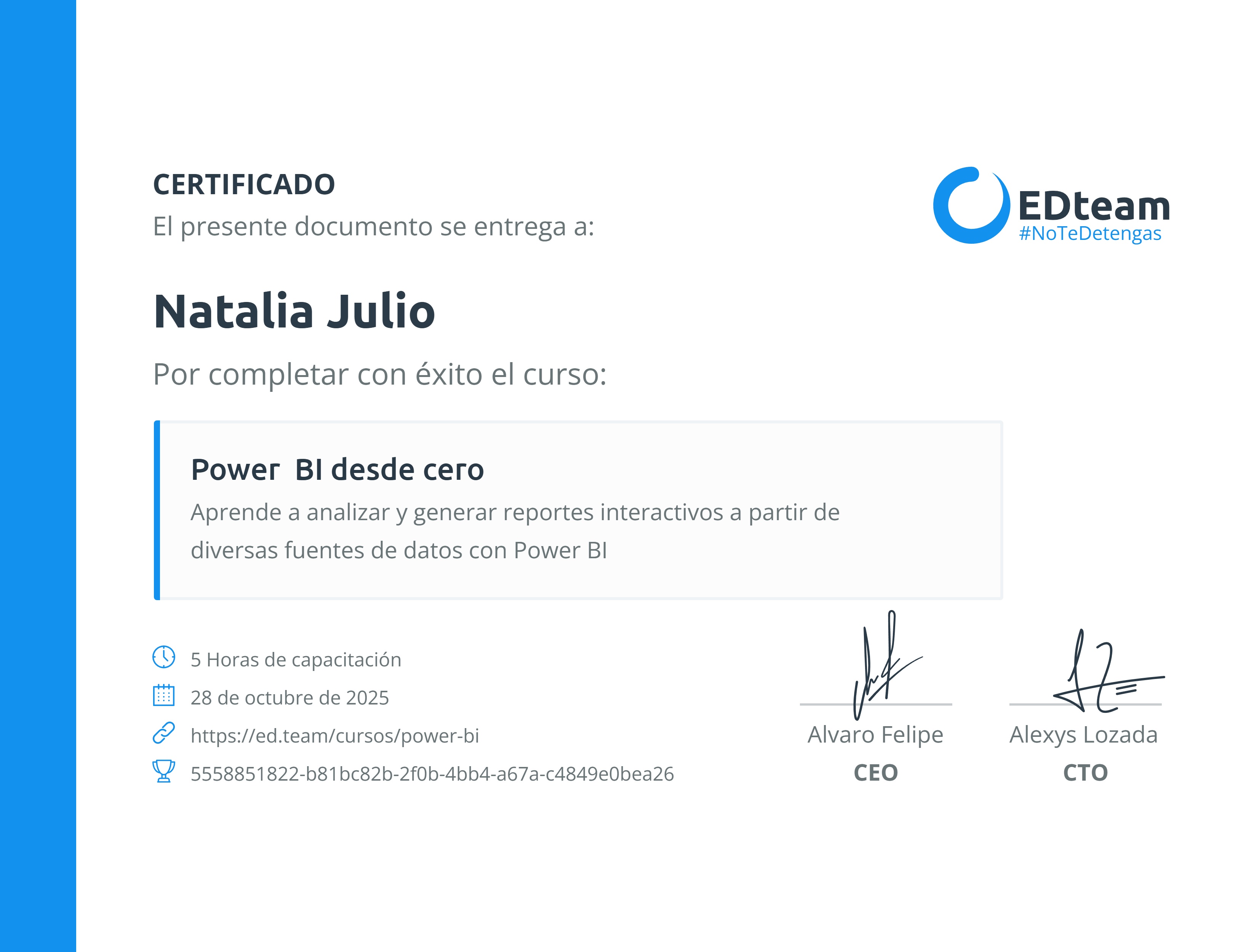 Certificado de Natalia Julio del curso Power BI desde cero | EDteam