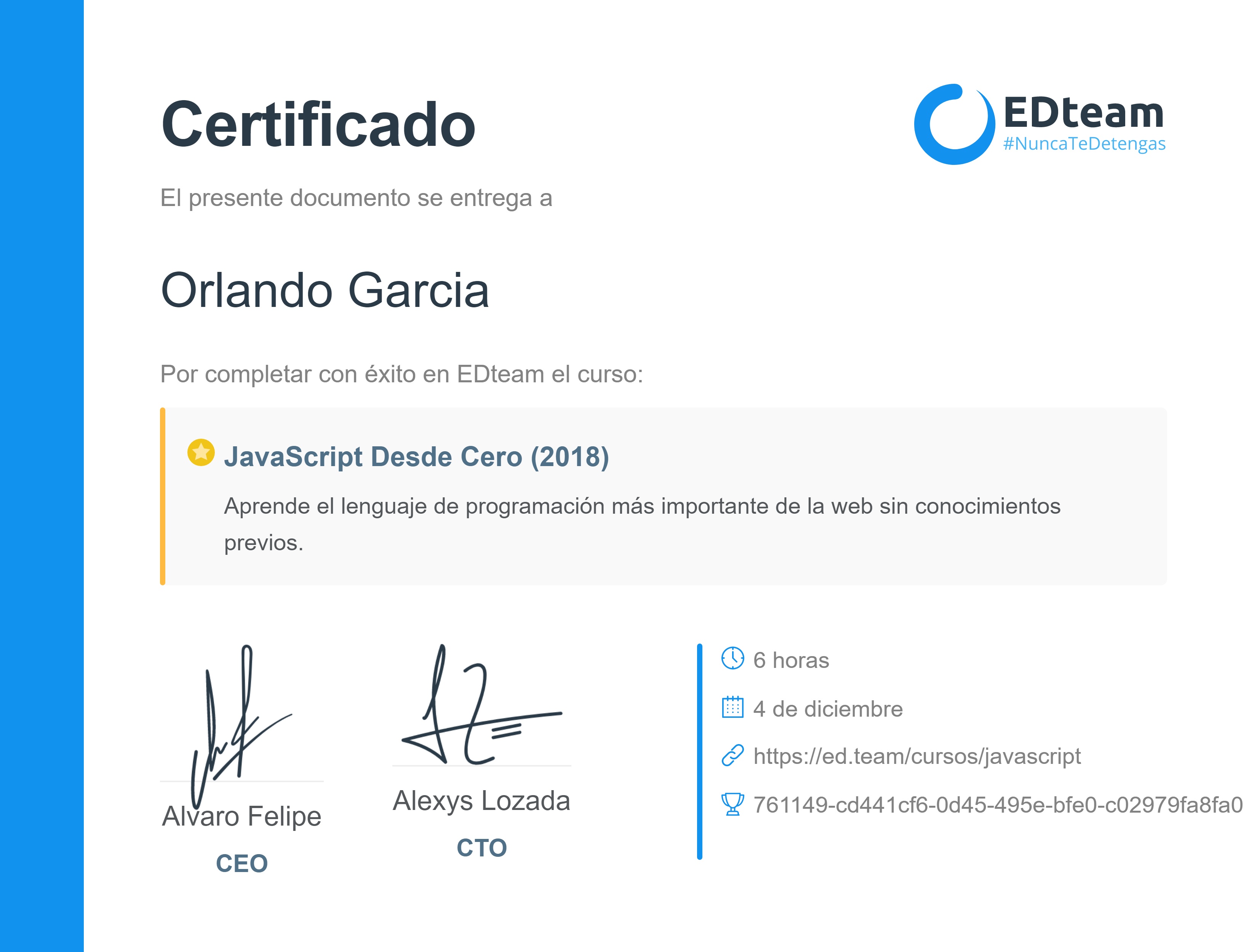 Certificado de Orlando Garcia del curso JavaScript Desde Cero (gratis ...