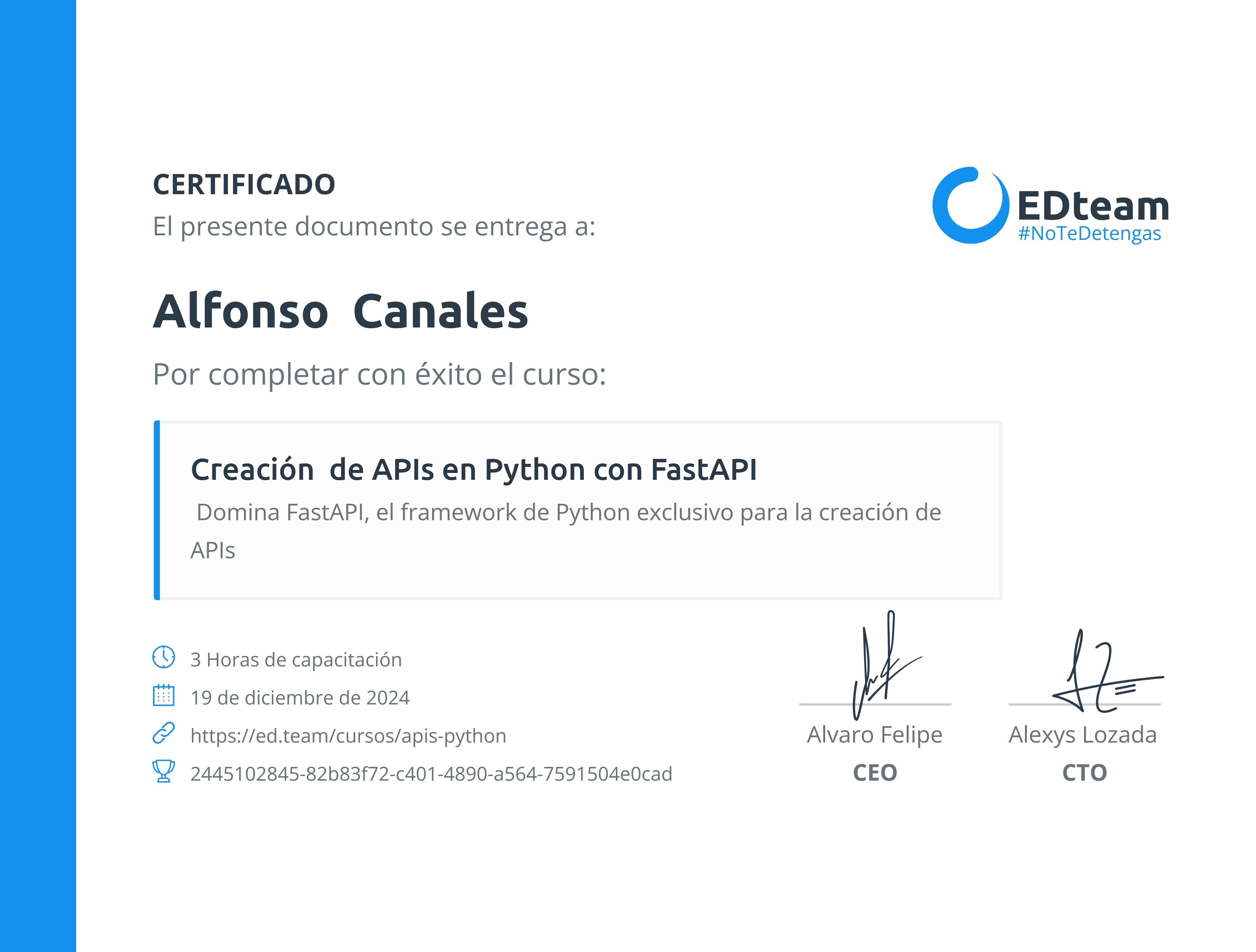 Certificado de Alfonso Canales del curso Creación de APIs en Python con FastAPI | EDteam