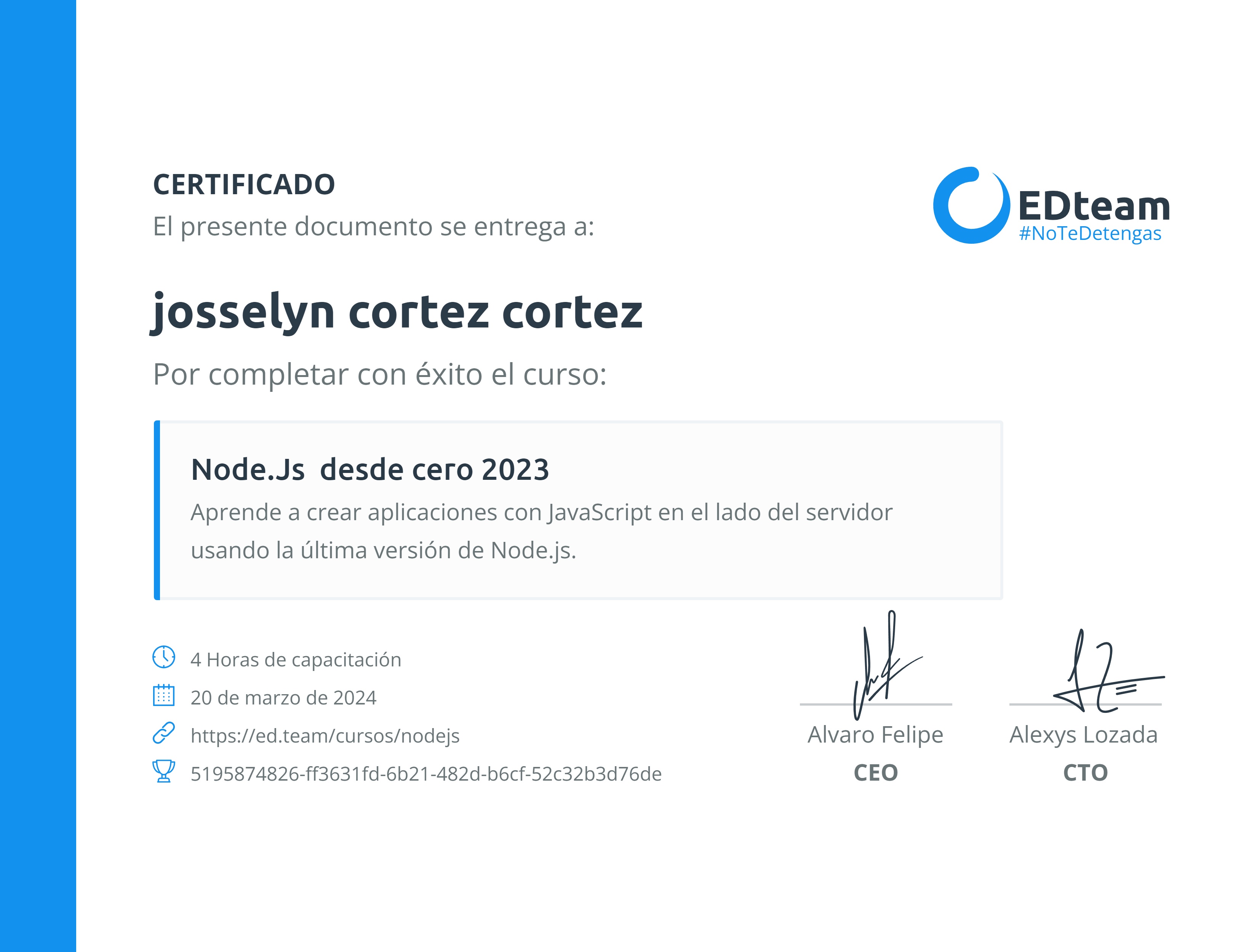 Certificado de josselyn cortez cortez del curso Node.Js desde cero | EDteam